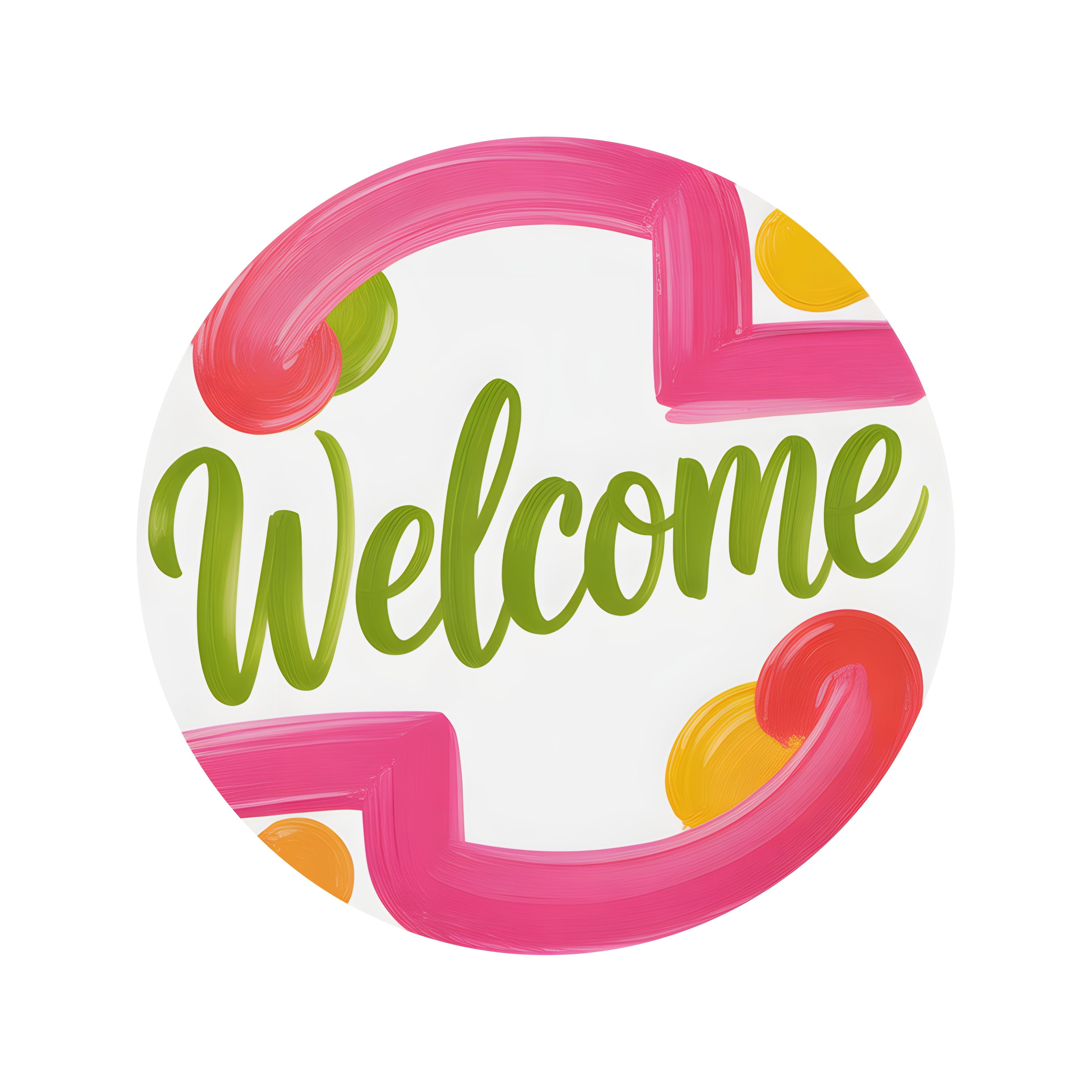 8.5" Round Waterproof Sign: Hot Pink Retro Brushstroke Welcome