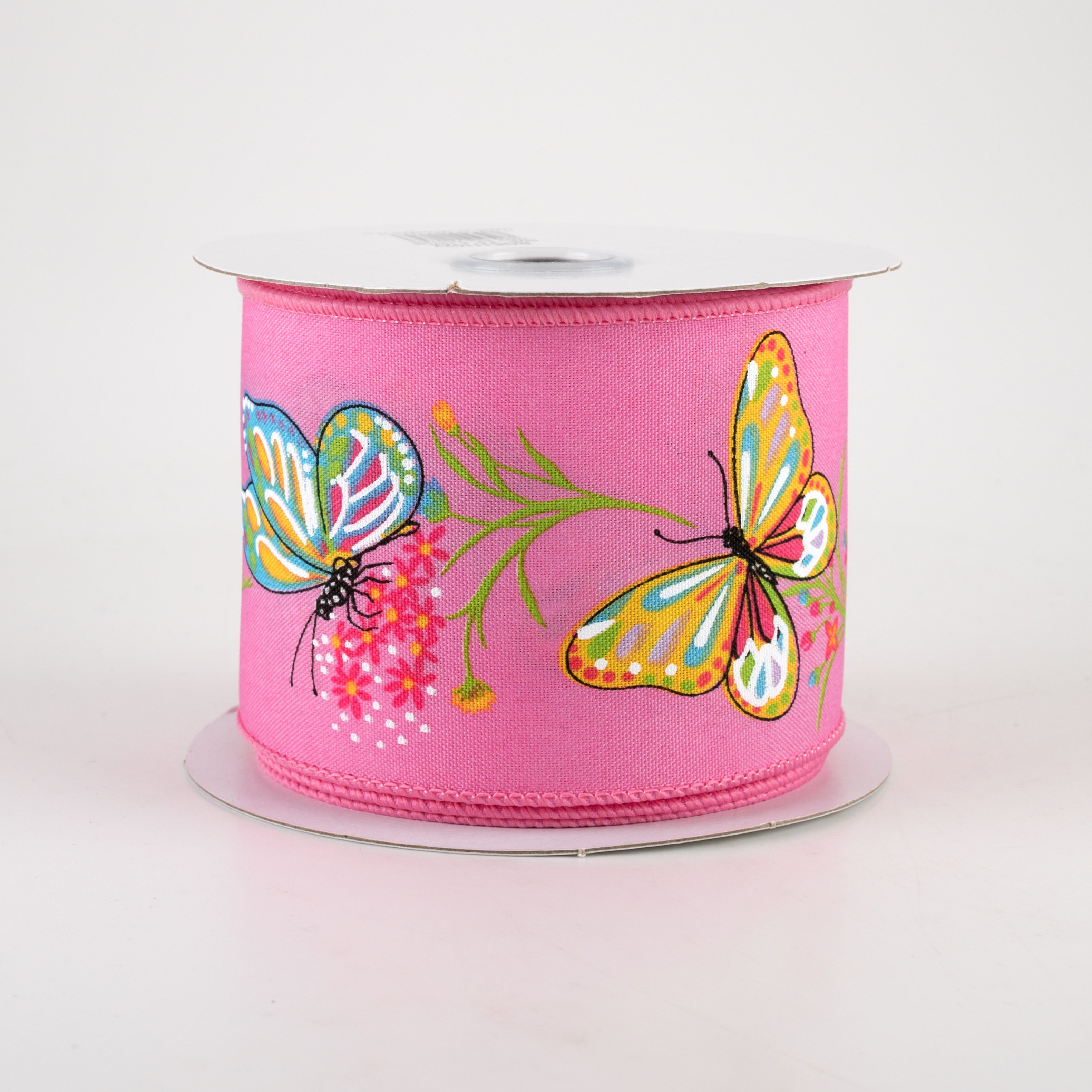 2.5" Butterflies & Flowers Ribbon: Pink (10 Yards)