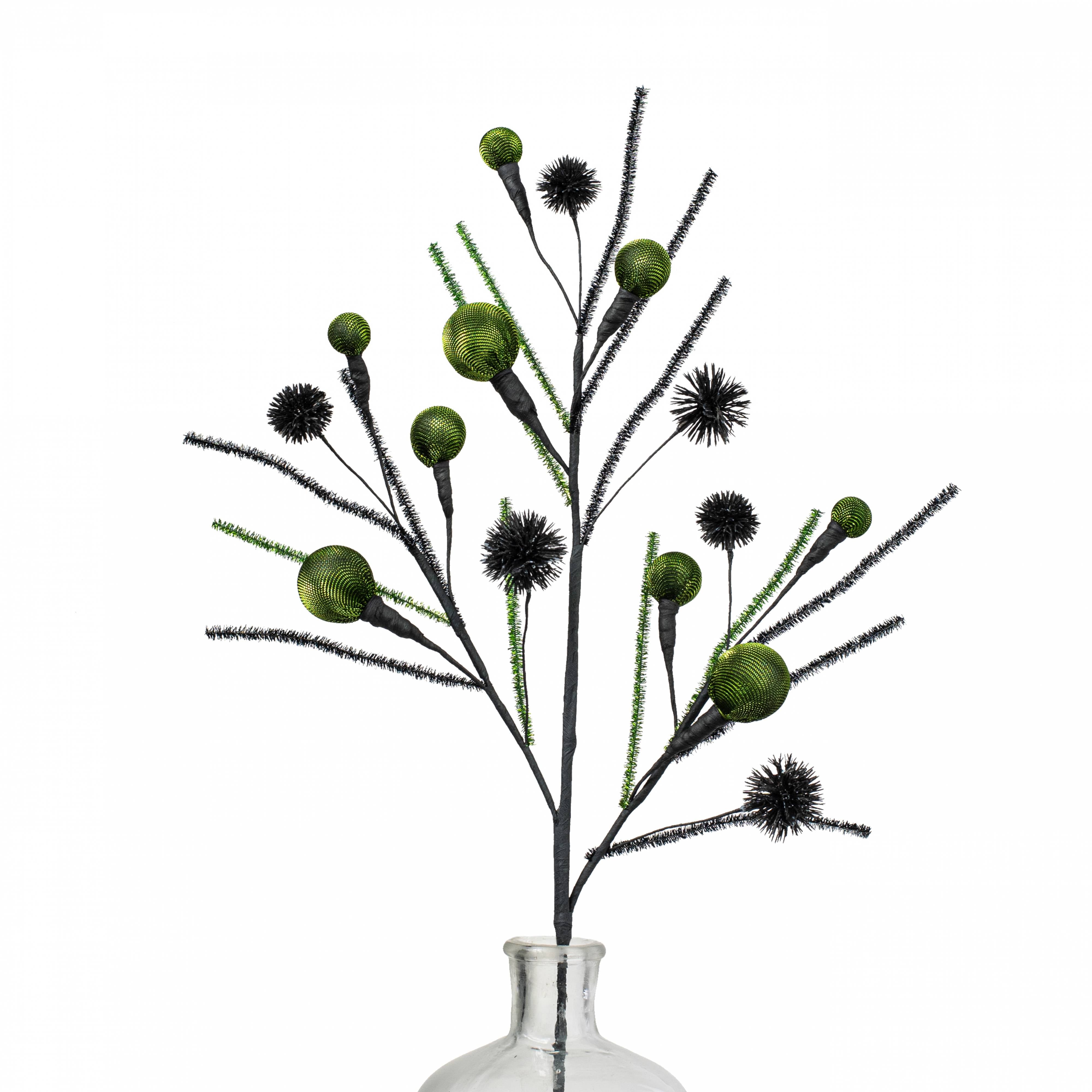 27" Metallic Fabric Ball & Thistle Spray: Lime Green & Black