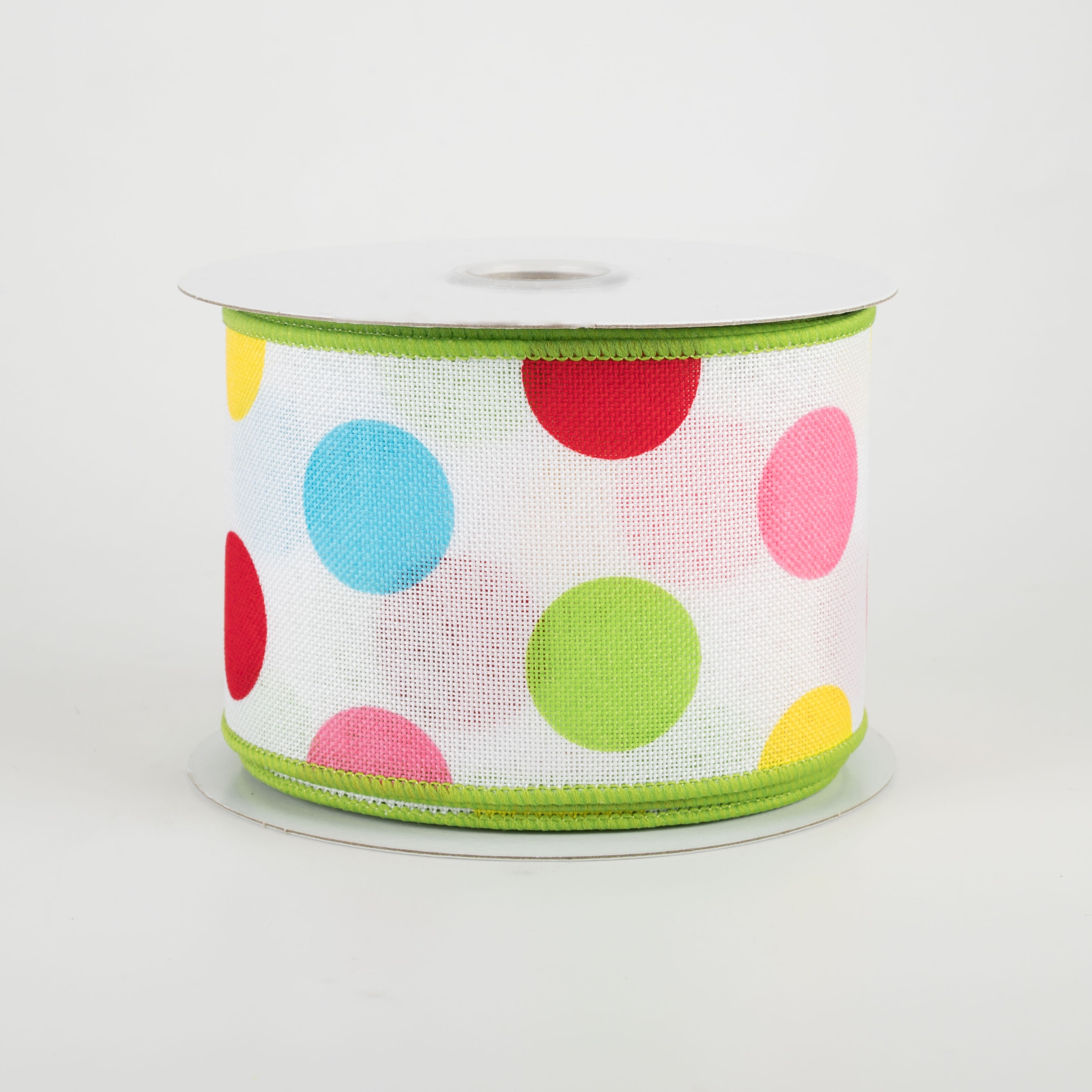 2.5" Multi Color Polka Dots Ribbon: White With Lime (10 Yards)