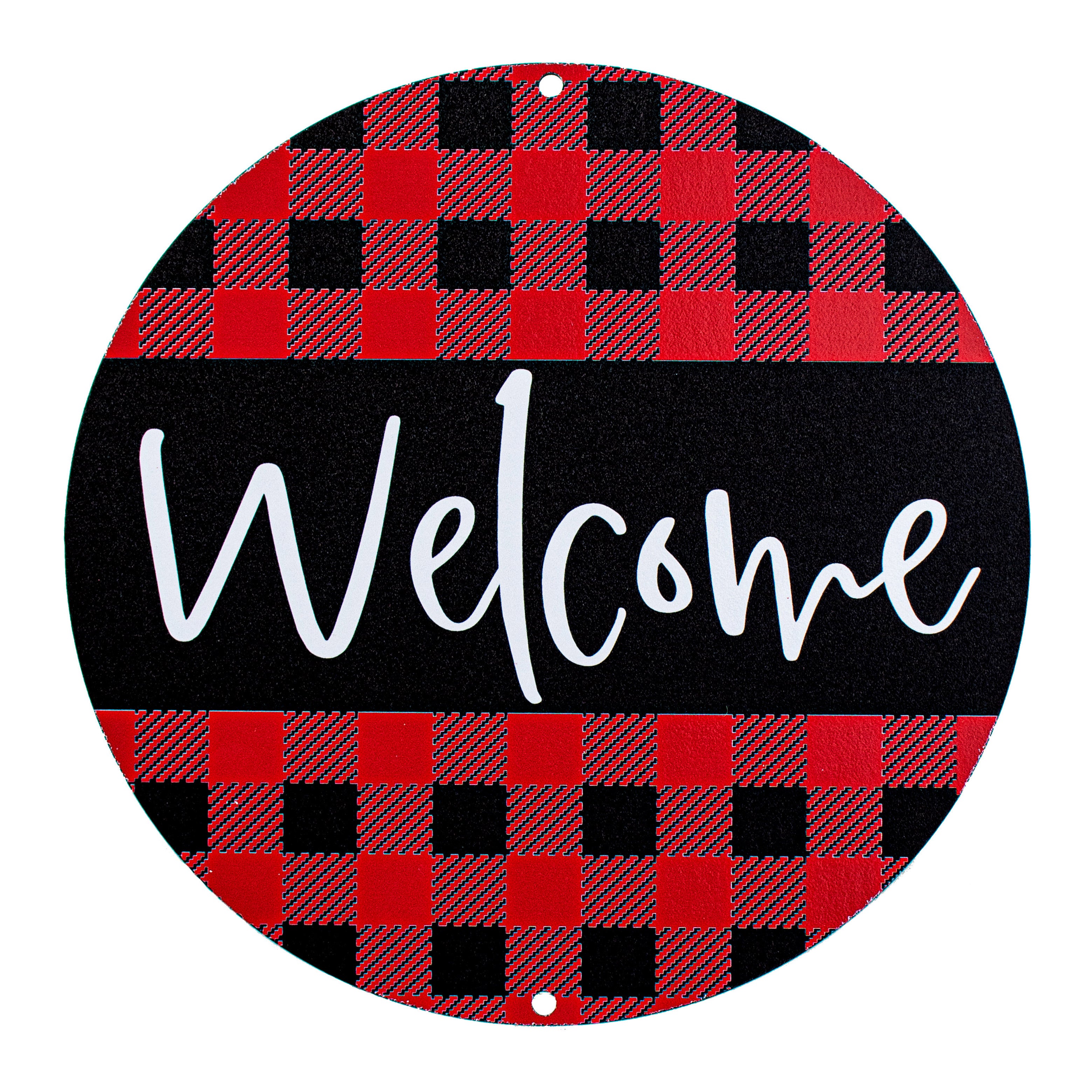 9.4" Round Waterproof Sign: Buffalo Plaid Welcome Red & Black
