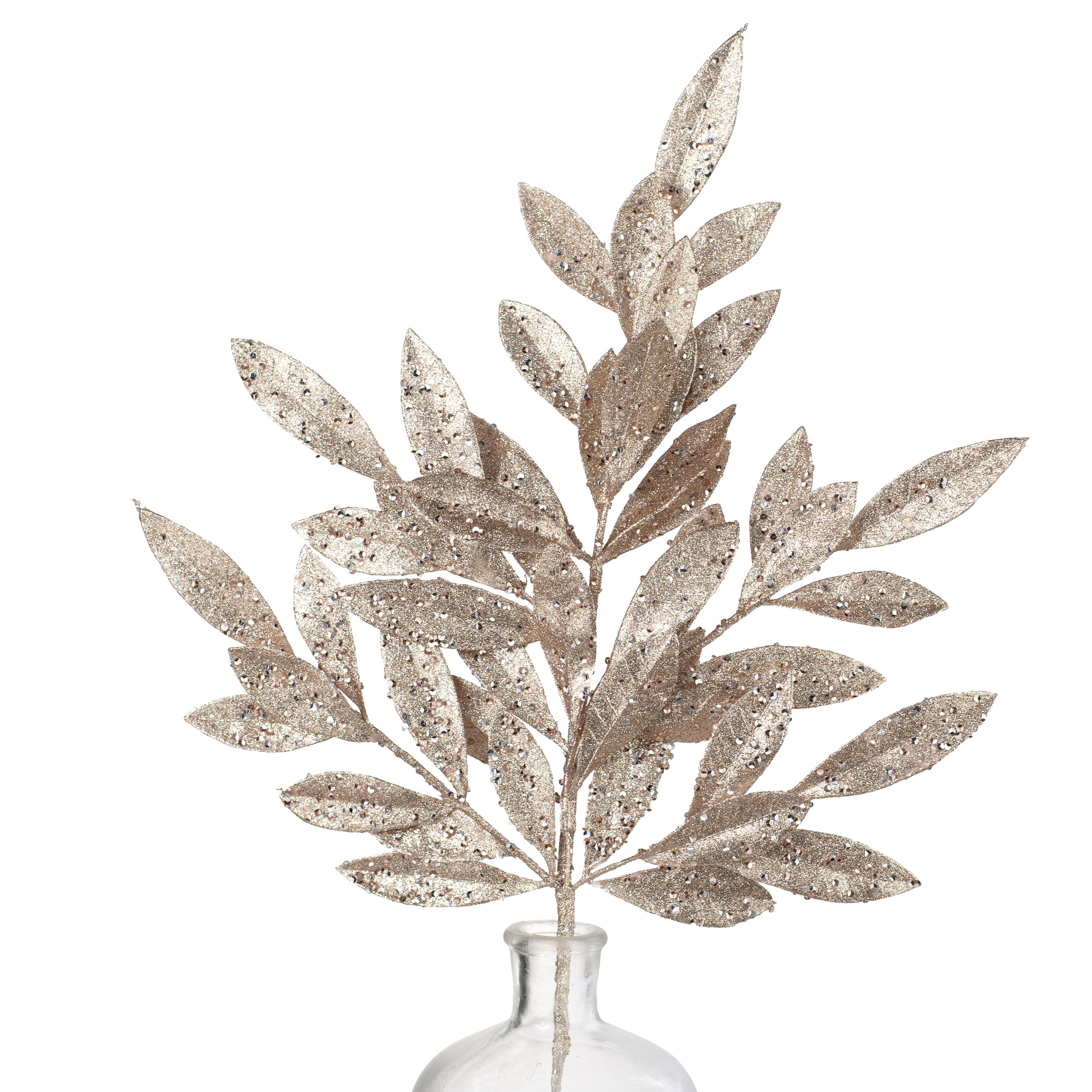 23" Tinsel Glitter Bay Leaf Spray: Champagne Gold