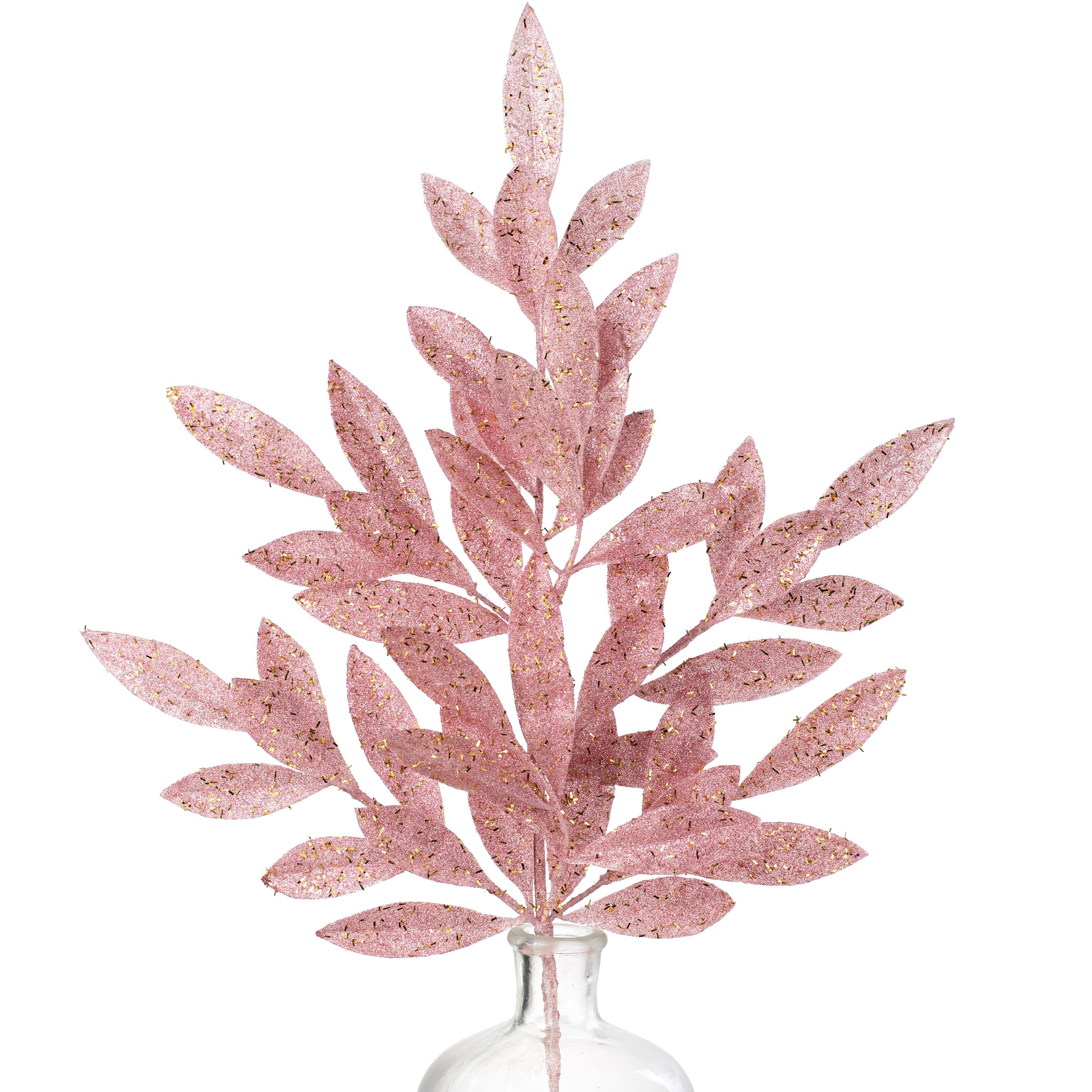 23" Tinsel Glitter Bay Leaf Spray: Light Pink