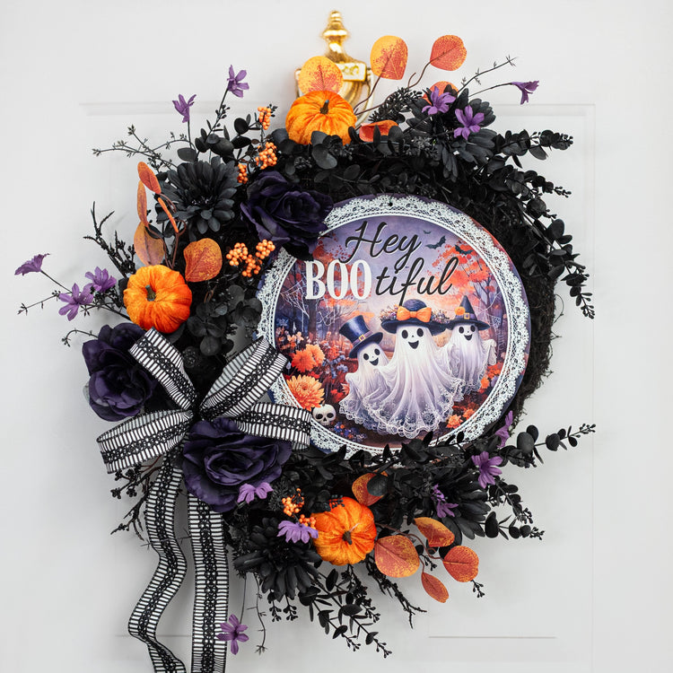 12" Round Metal Sign: Hey Boo-tiful Fancy Ghosts Orange