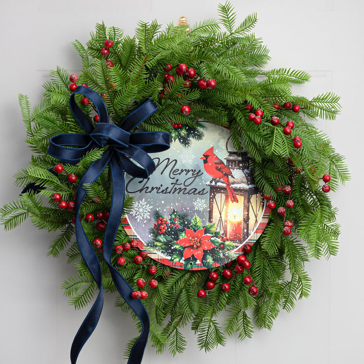 12" Round Metal Sign: Merry Christmas Cardinal Lantern