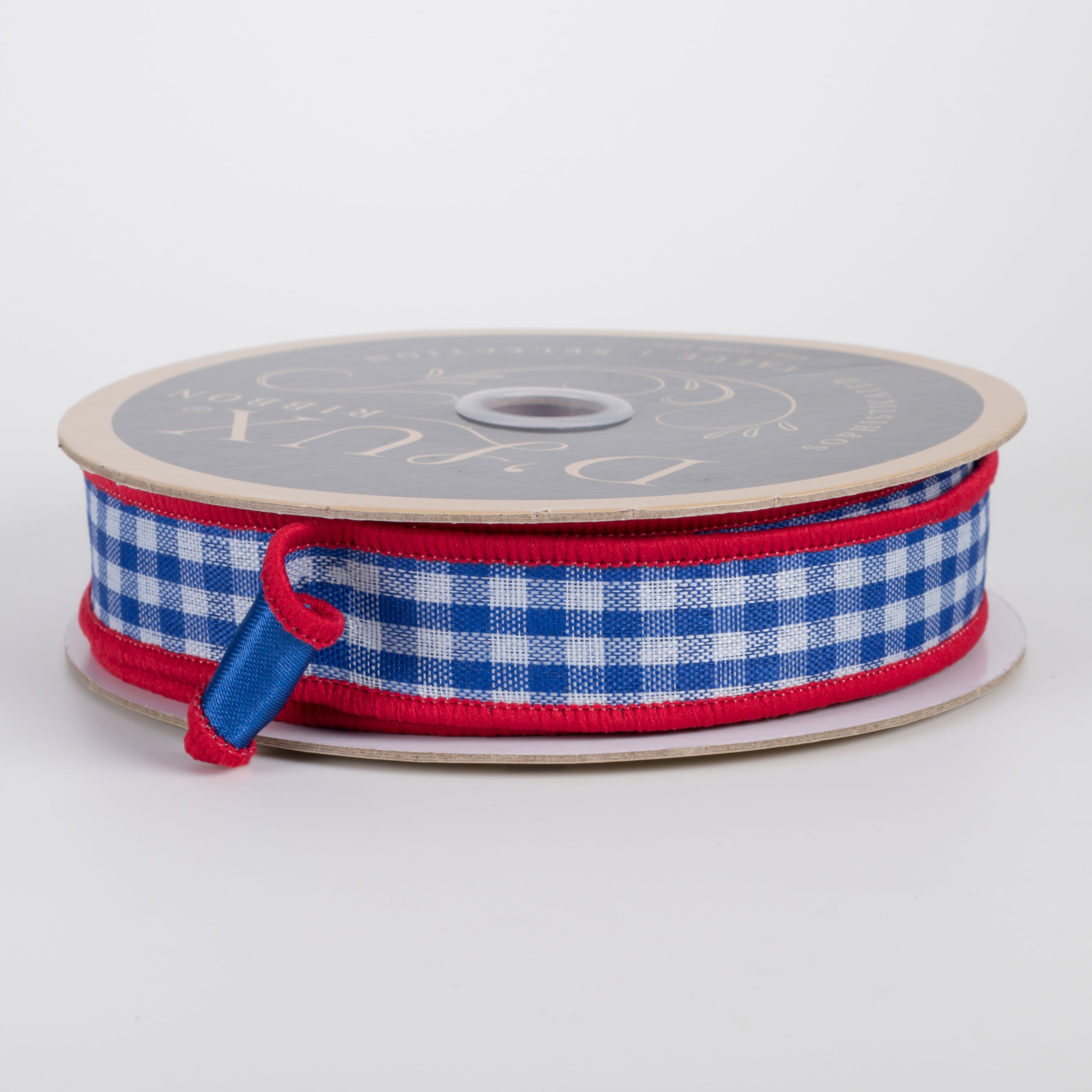 7/8" Double Sided Fused Check & Satin Ribbon: Blue, White & Red (10 Ya