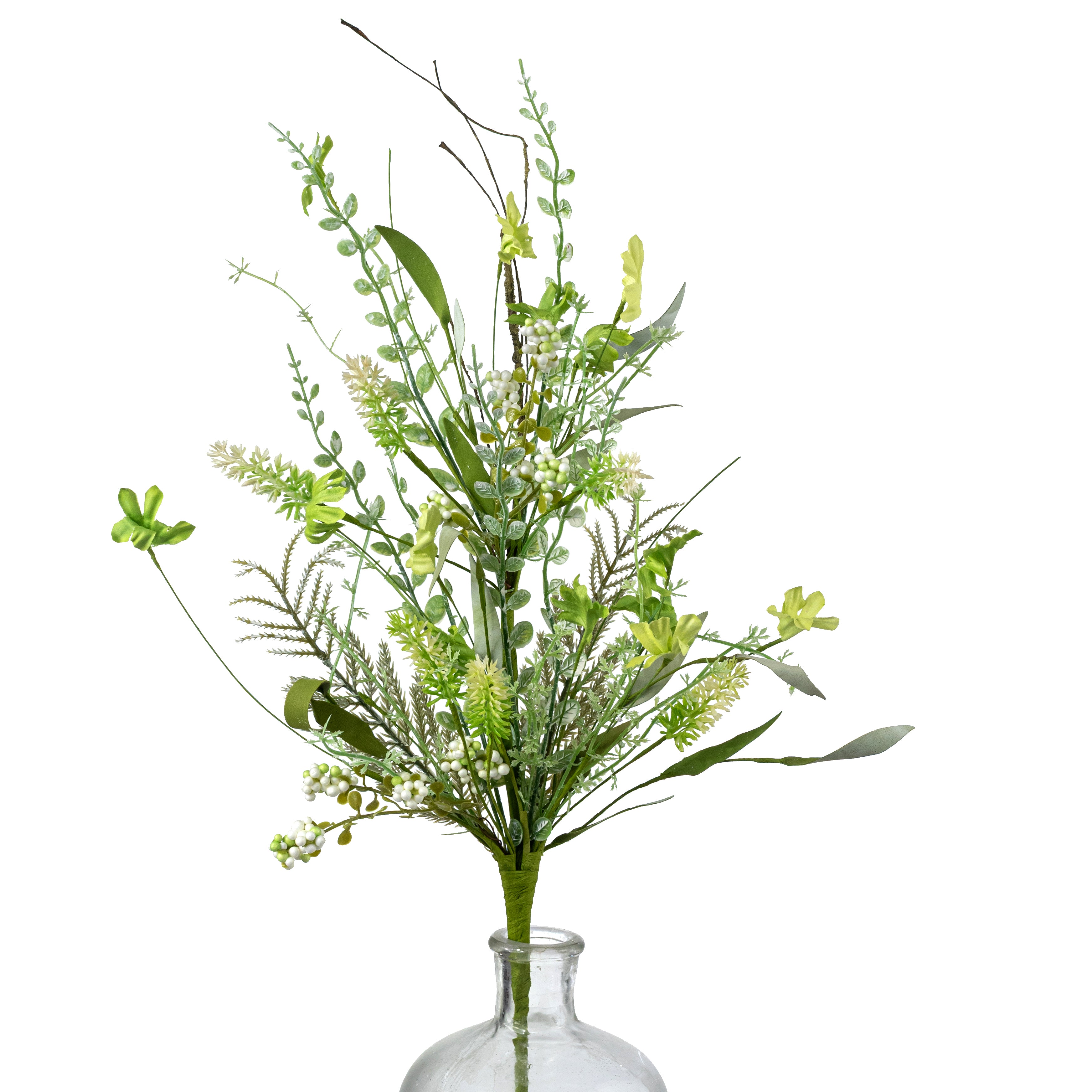 24" Fabric Flower, Leaf, Berry Spray: Spring Green