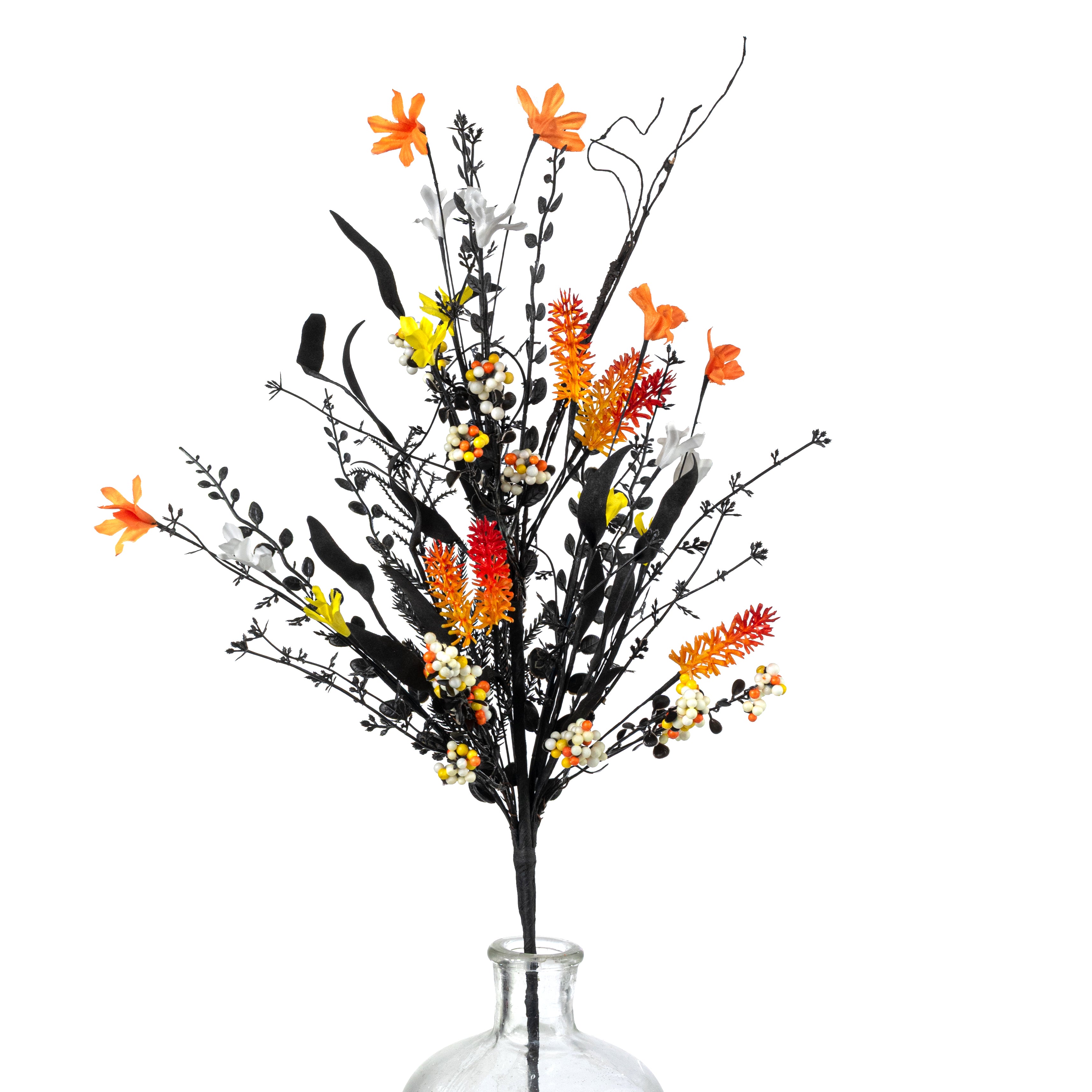 24" Fabric Flower, Leaf, Berry Spray: Candy Corn Hues