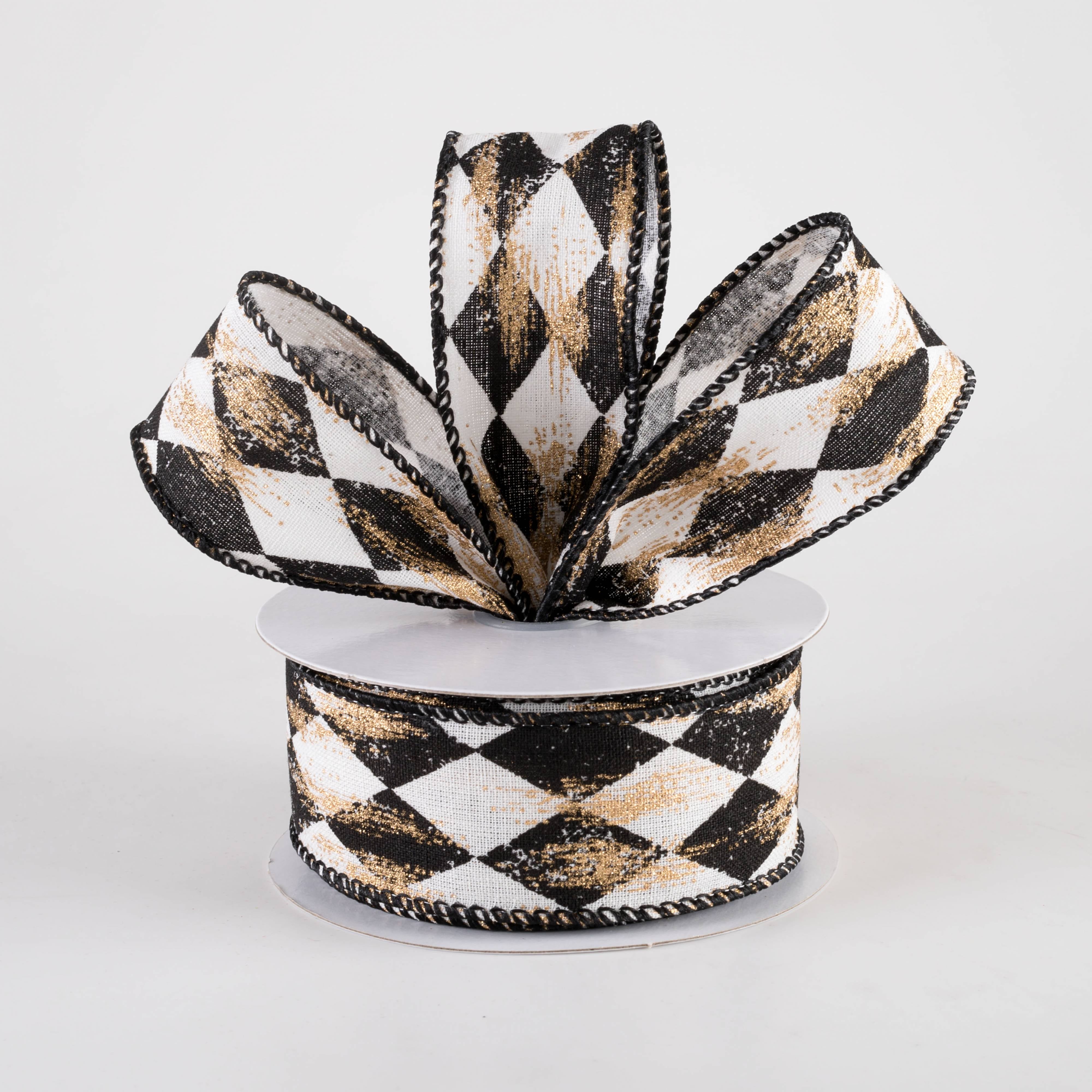 1.5" Canvas Harlequin Gold Painted Ribbon: Cream & Black (10 Yards)