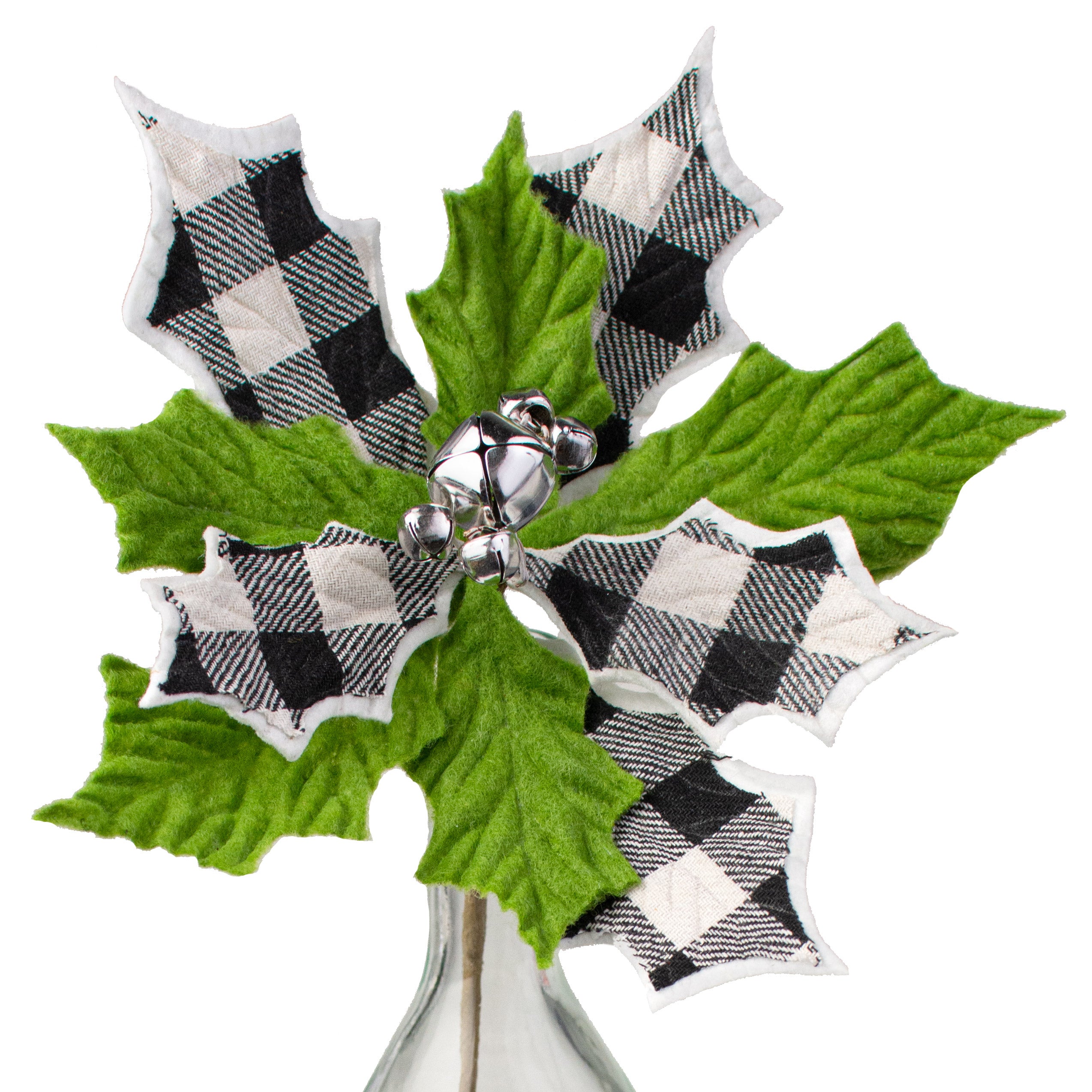 10" Check Poinsettia Bell Pick: Black, White, Green