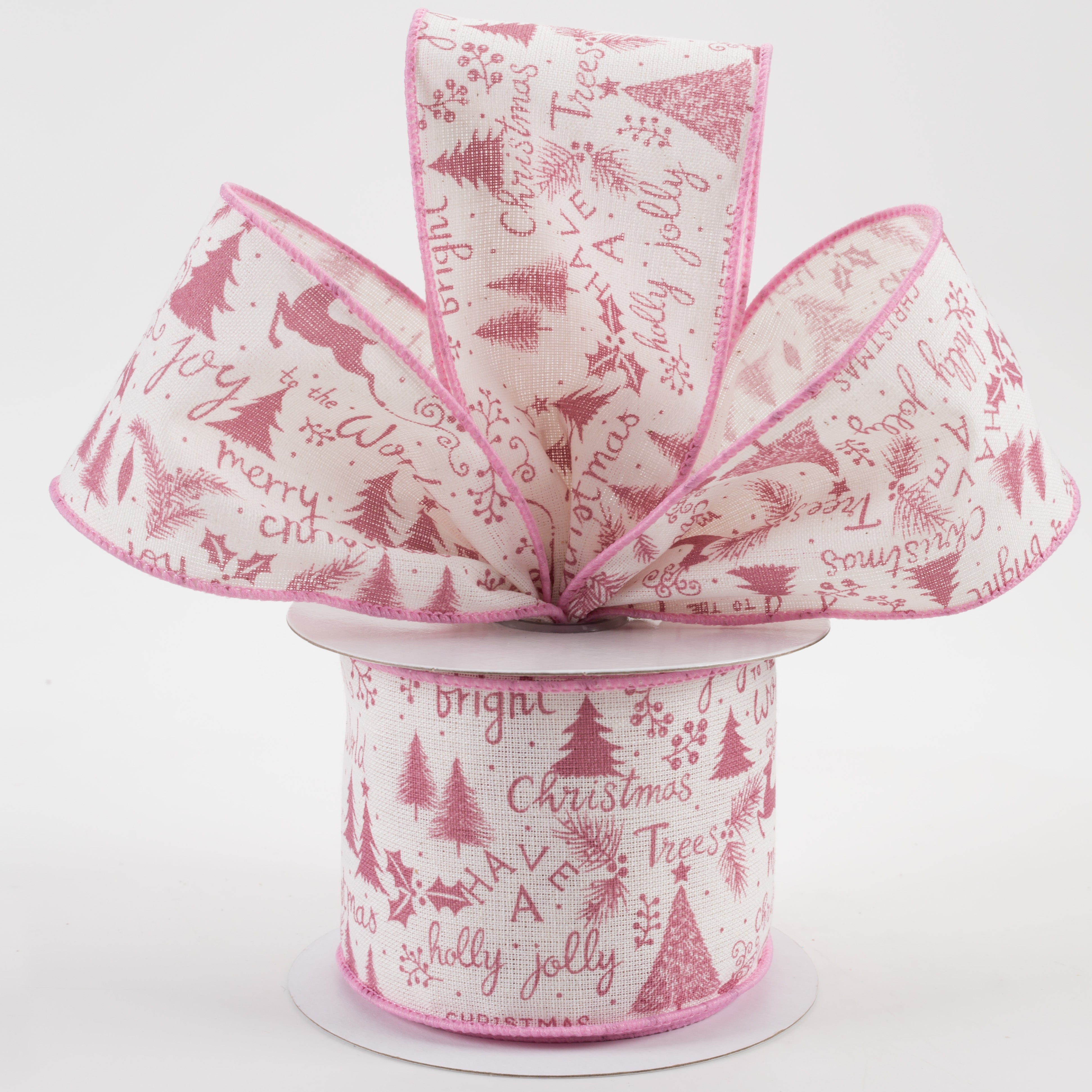 2.5" Christmas Script Icons Canvas Ribbon: Ivory & Mauve (10 Yards)