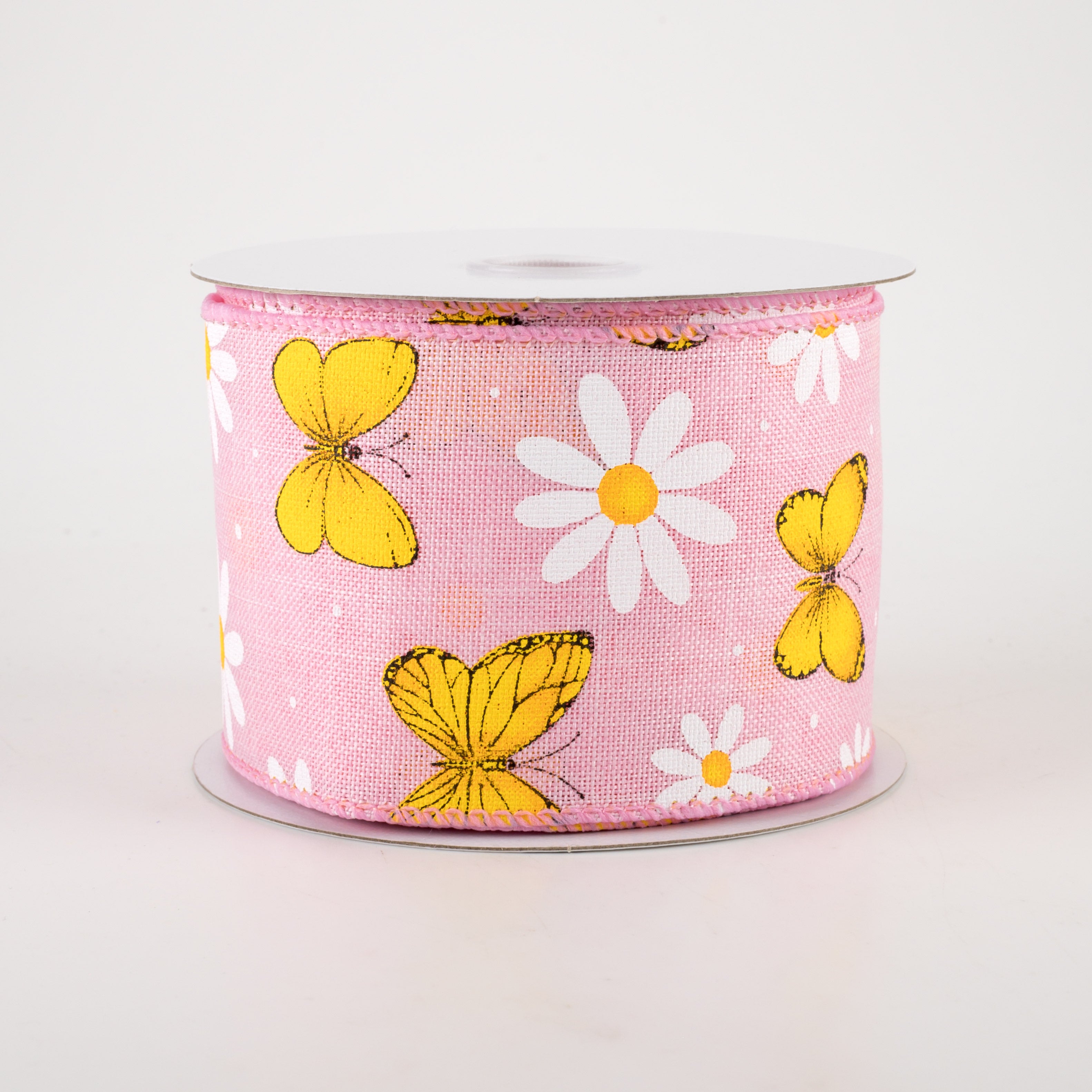 2.5" Daisies & Butterflies Linen Ribbon: Pink (10 Yards)
