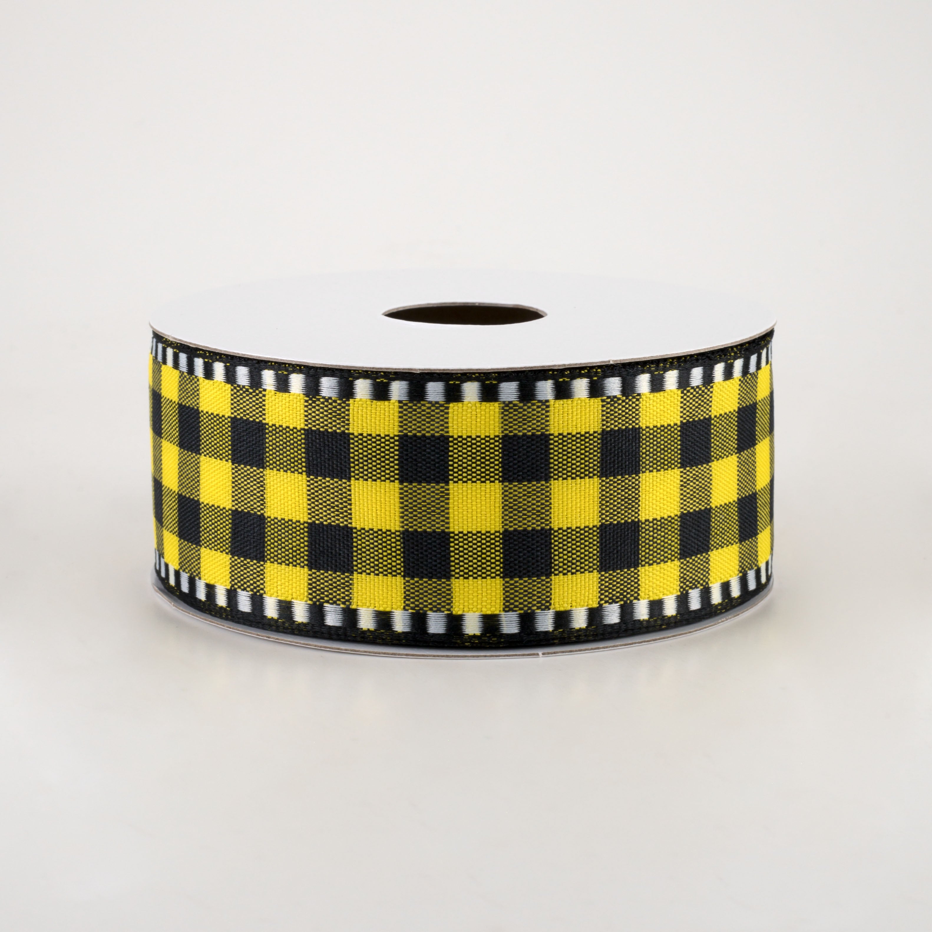 1.5" Dashed Edge Check Plaid Ribbon: Yellow & Black (10 Yards)