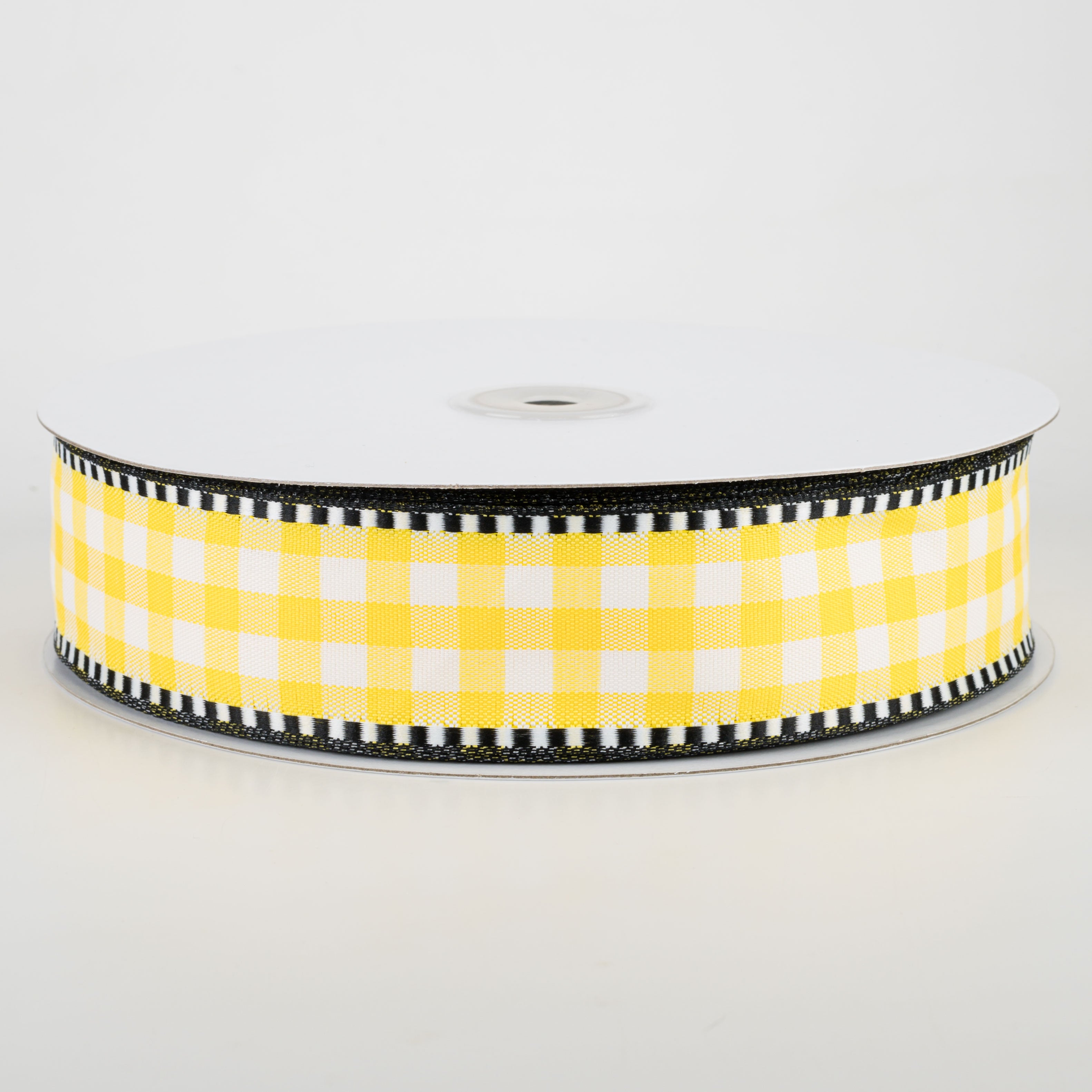 1.5" Dashed Edge Check Plaid Ribbon: Yellow & White (50 Yards)