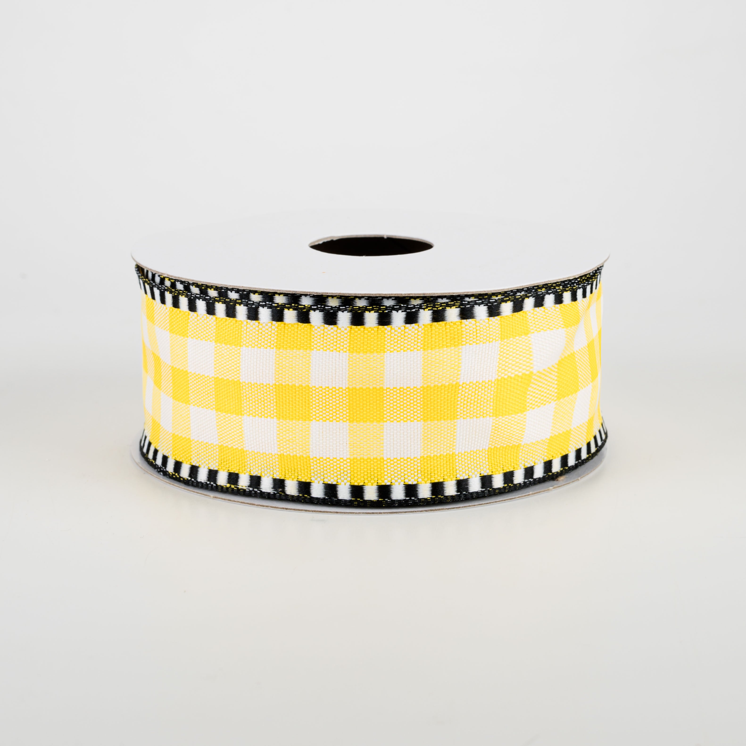 1.5" Dashed Edge Check Plaid Ribbon: Yellow & White (10 Yards)