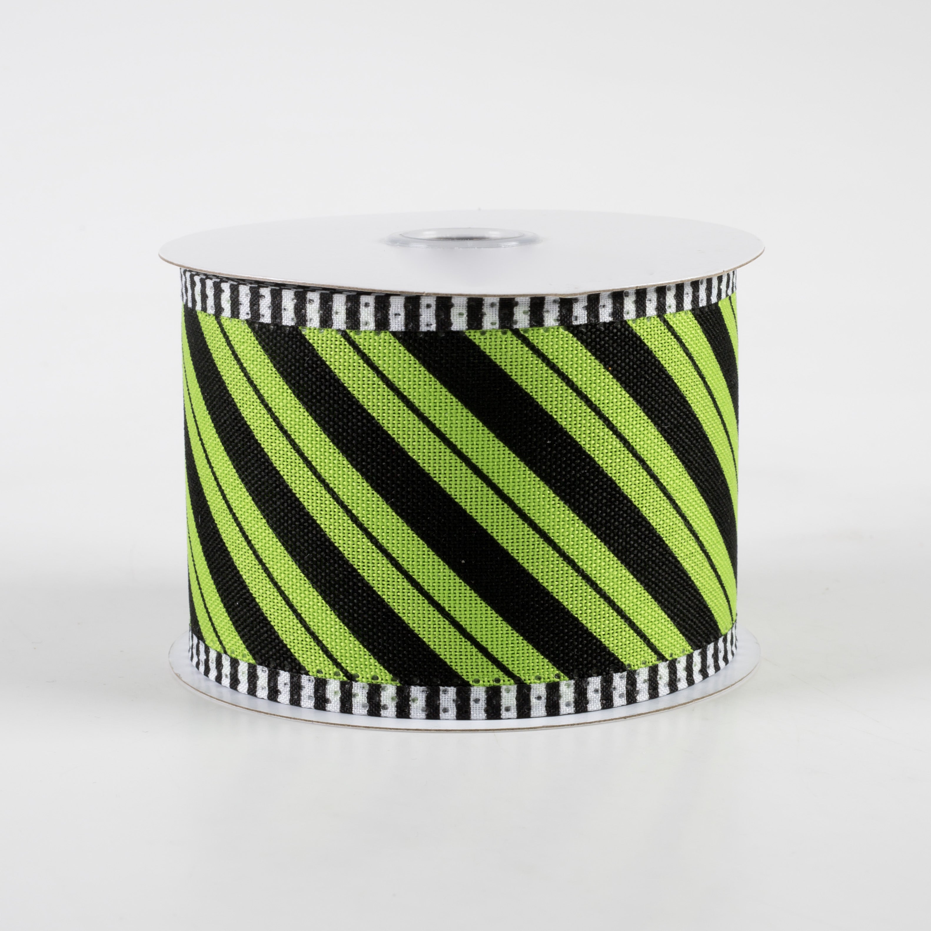 2.5" Diagonal Line Stripe Edge Ribbon: Fresh Green & Black (10 Yards)