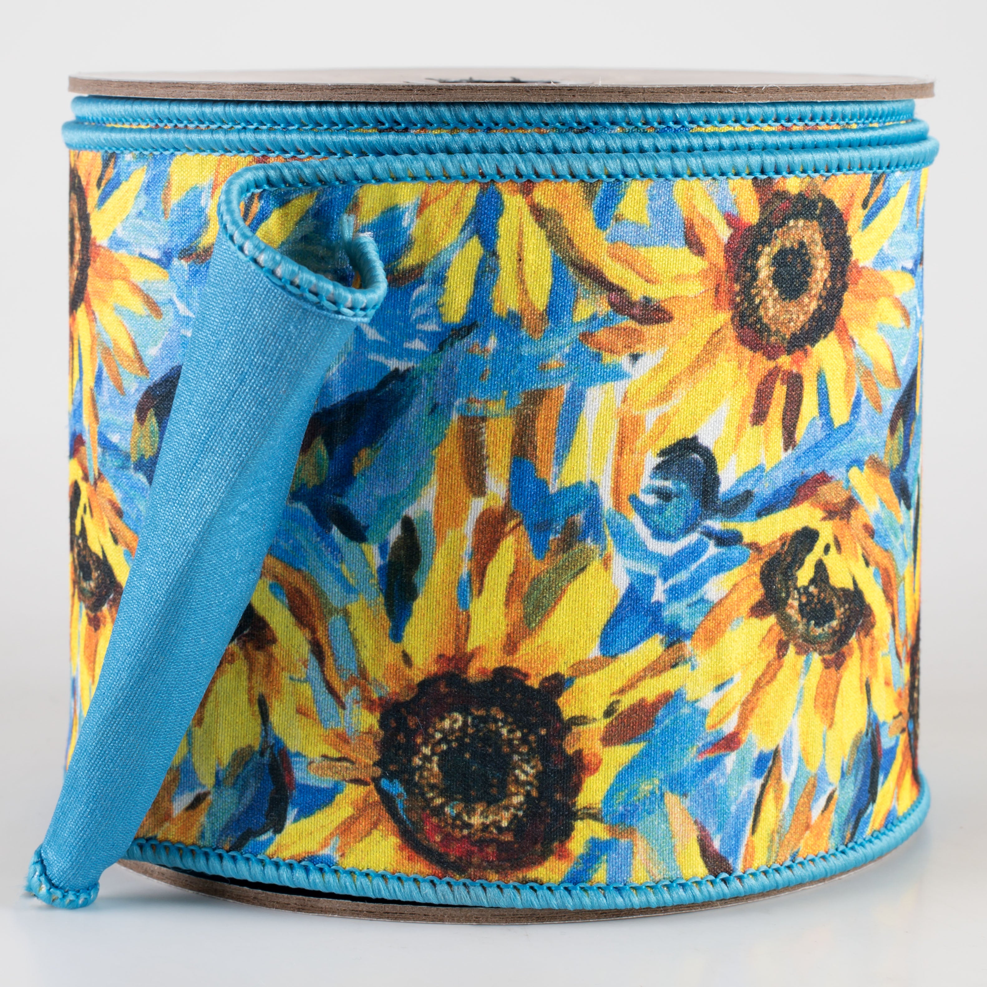 [D Stevens] 4" Dupioni Impressionism Sunflowers Ribbon: Blue & Yellow