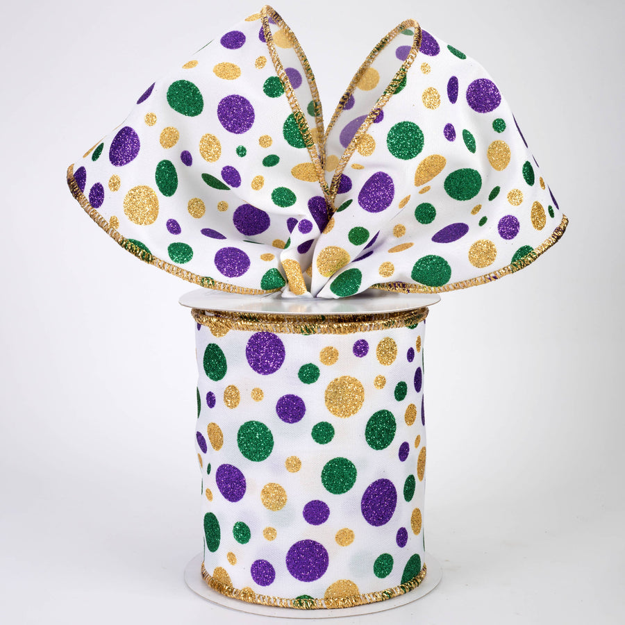 4" Multi Glitter Polka Dot Ribbon: Mardi Gras on White (10 Yards)