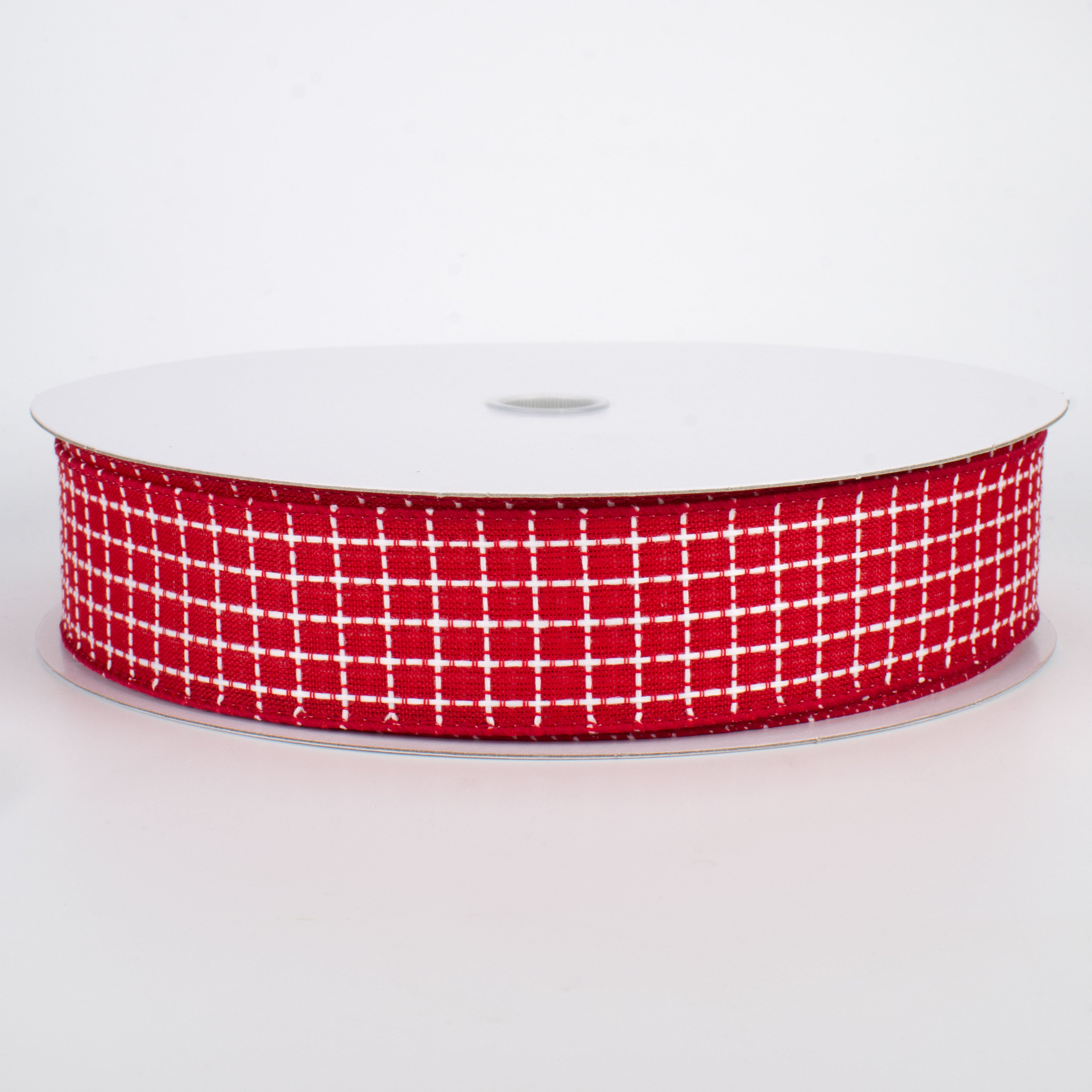 1.5" Embroidered Stitched Squares Ribbon: Red (50 Yards)