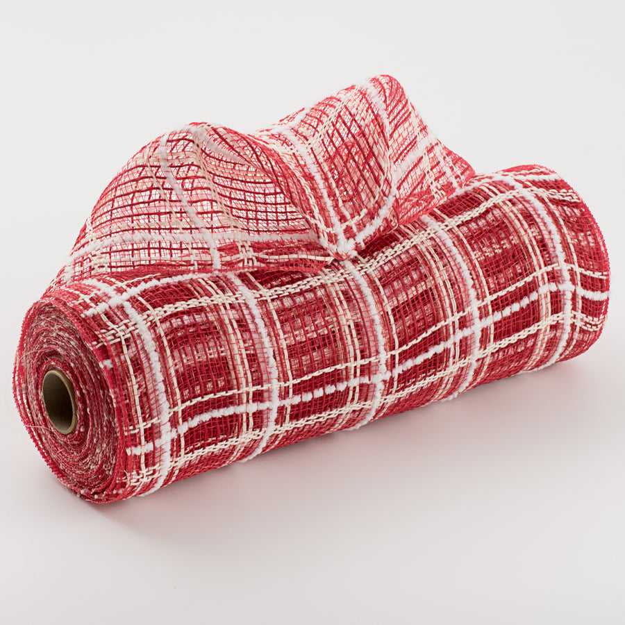 10" Fabric Plaid Mesh: Red Jute, Cream & White Fuzz