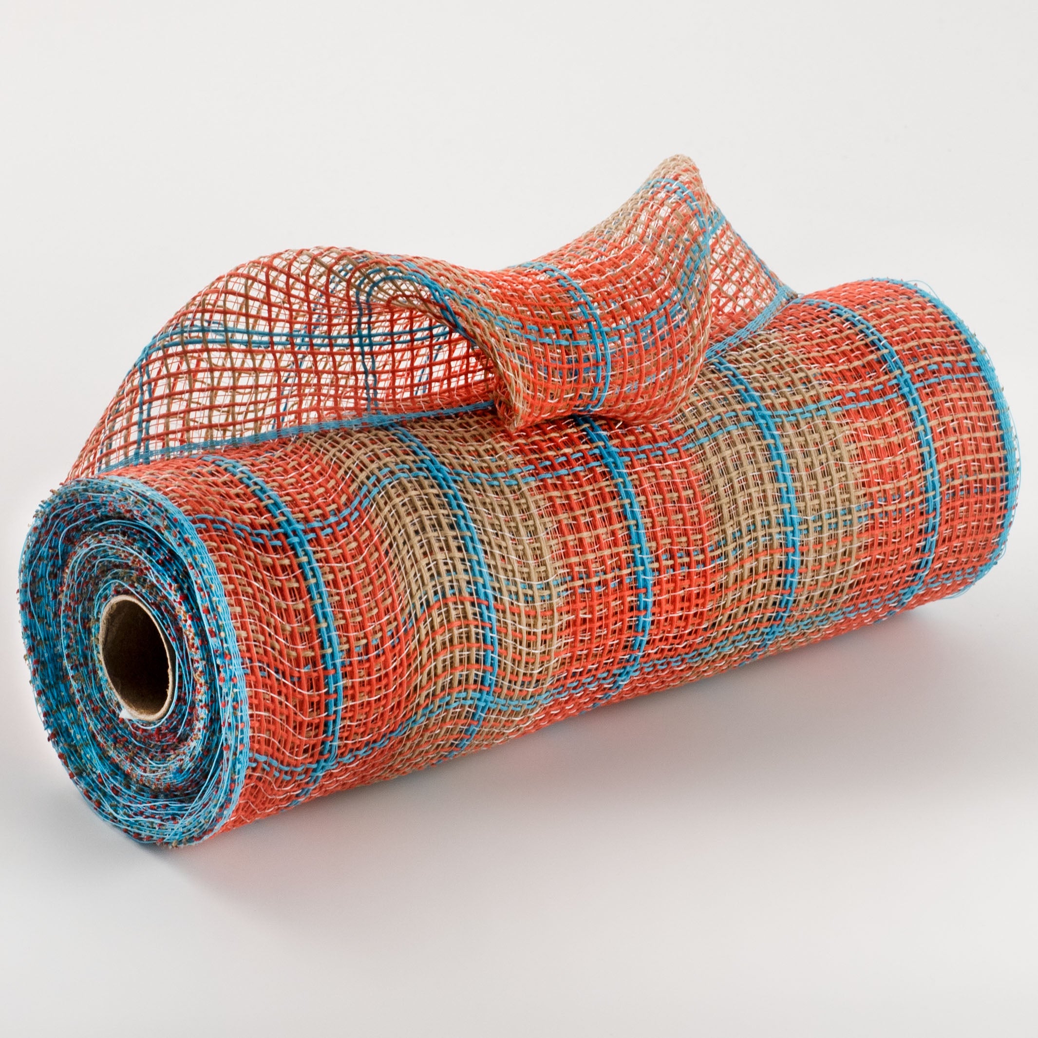 10" Faux Jute & Large Plaid Mesh: Orange, Natural, Turquoise