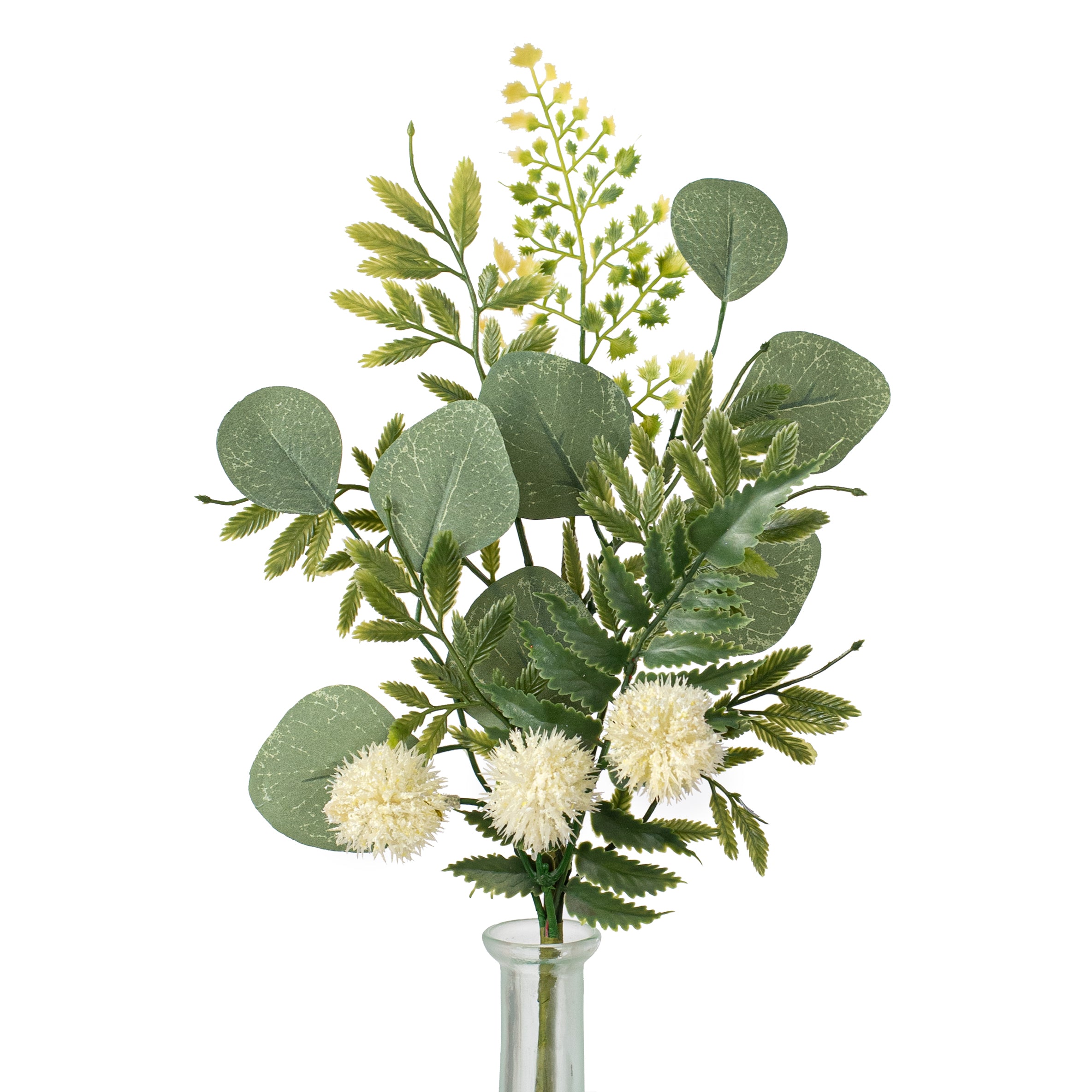18" Fern, Eucalyptus, Pom Pom Pick: Cream