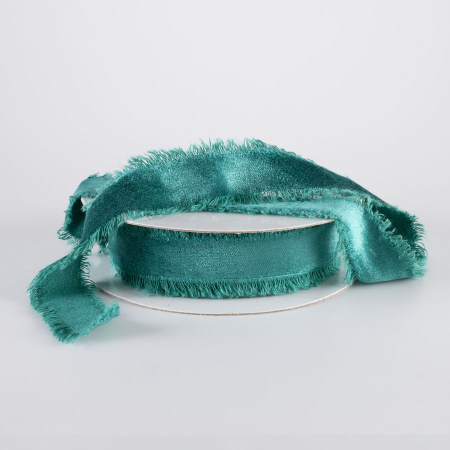 1" Frayed Edge Unwired Velvet Ribbon: Teal (10 Yards)