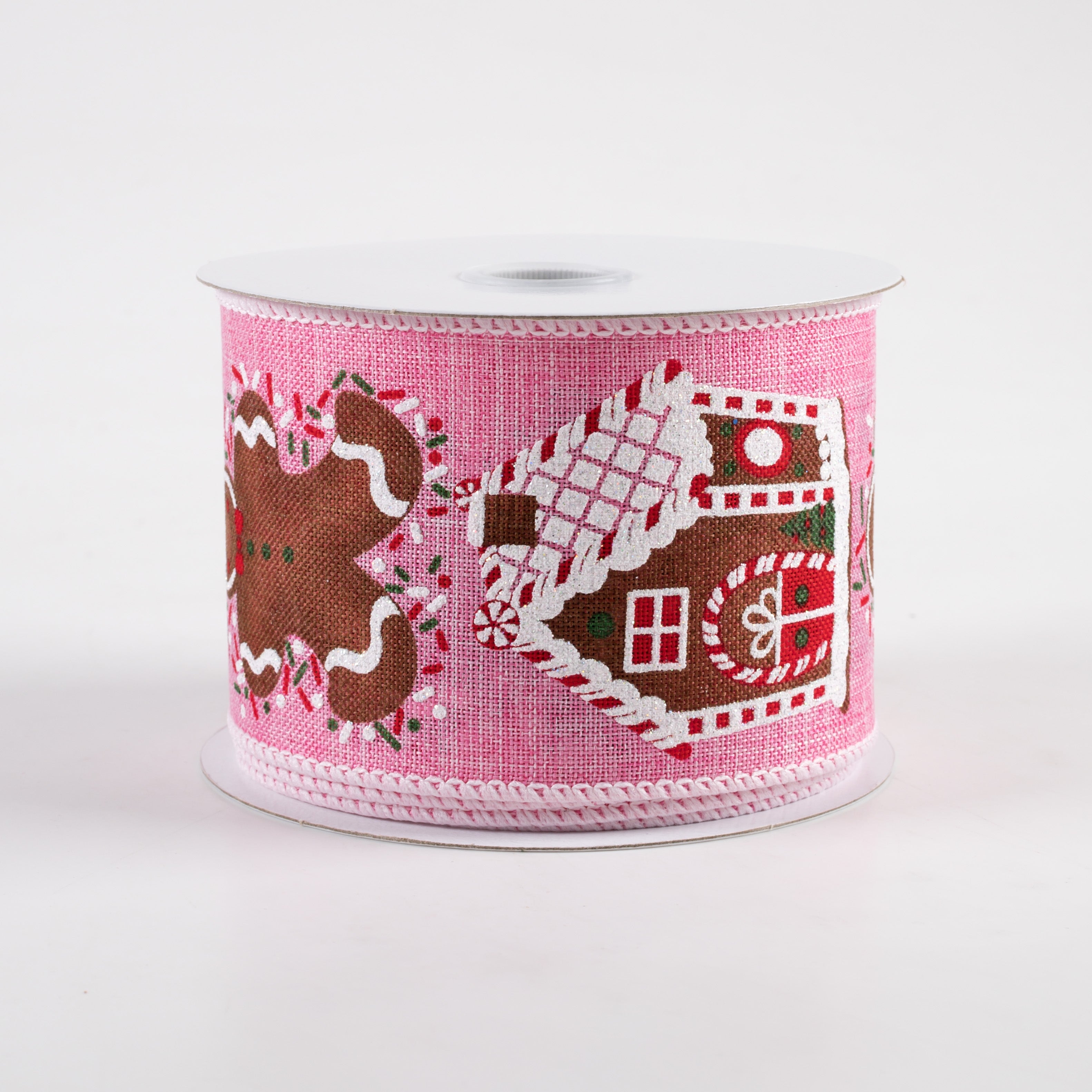 2.5" Gingerbread & Houses Ribbon: Pink (10 Yards)