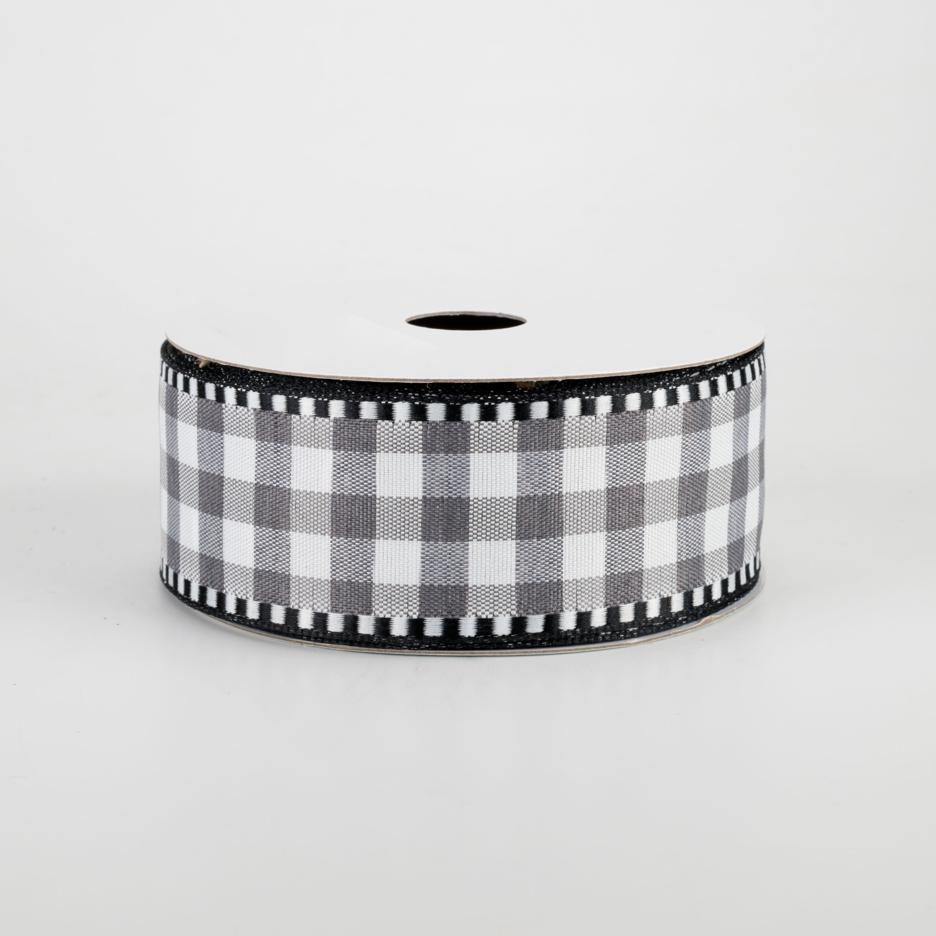 1.5" Gingham Check Dashed Edge Ribbon: Grey & White (10 Yards)