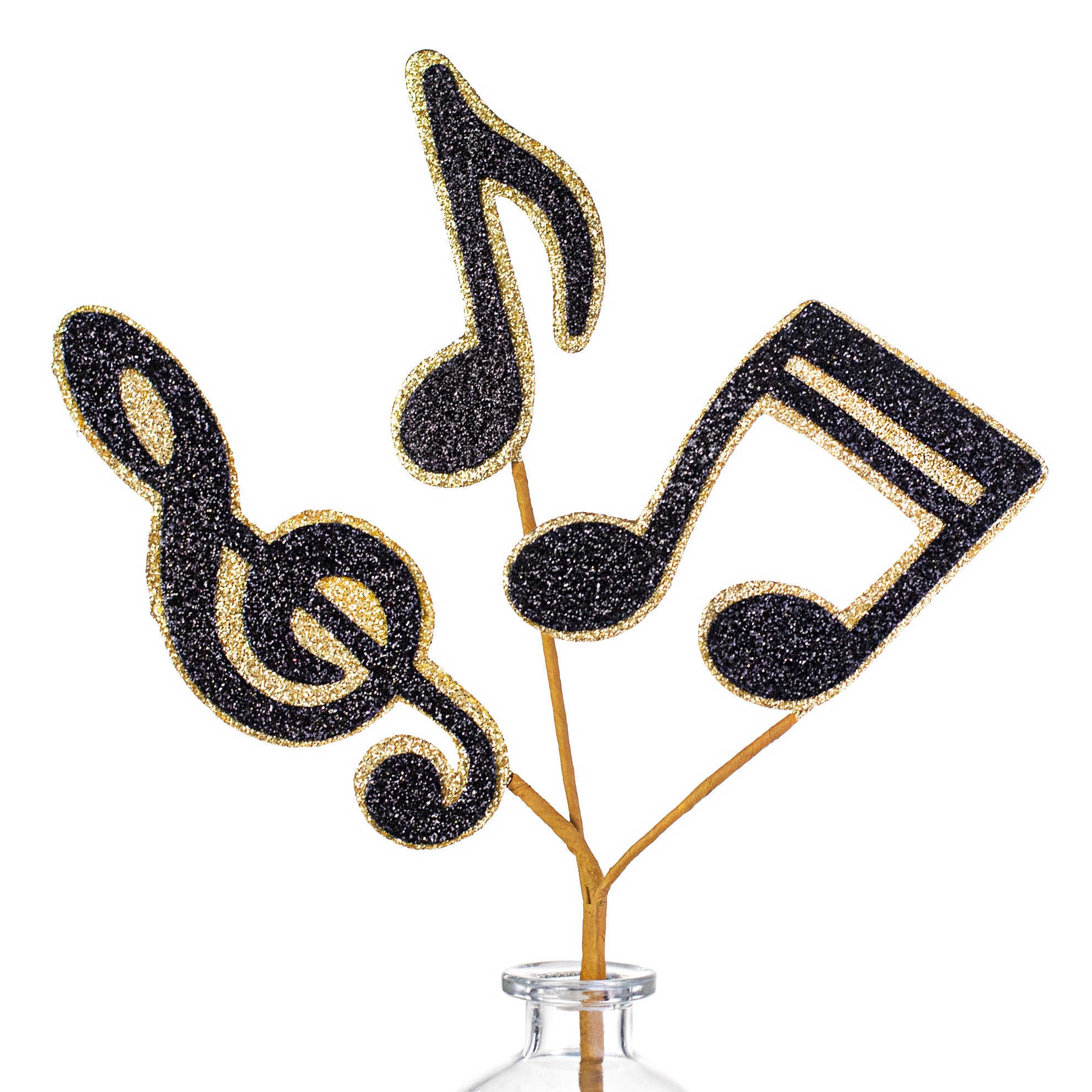 9" Glitter Music Note Spray: Black & Gold