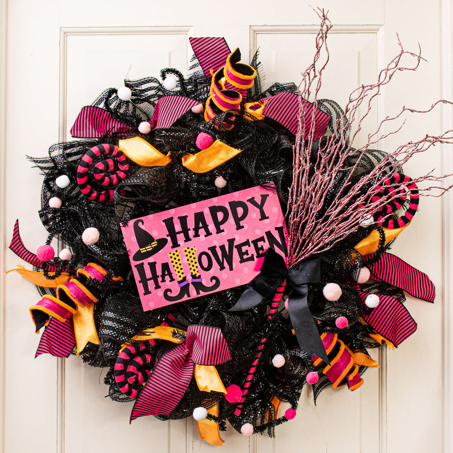 24" Glitter Twig Broom: Fuchsia & Black