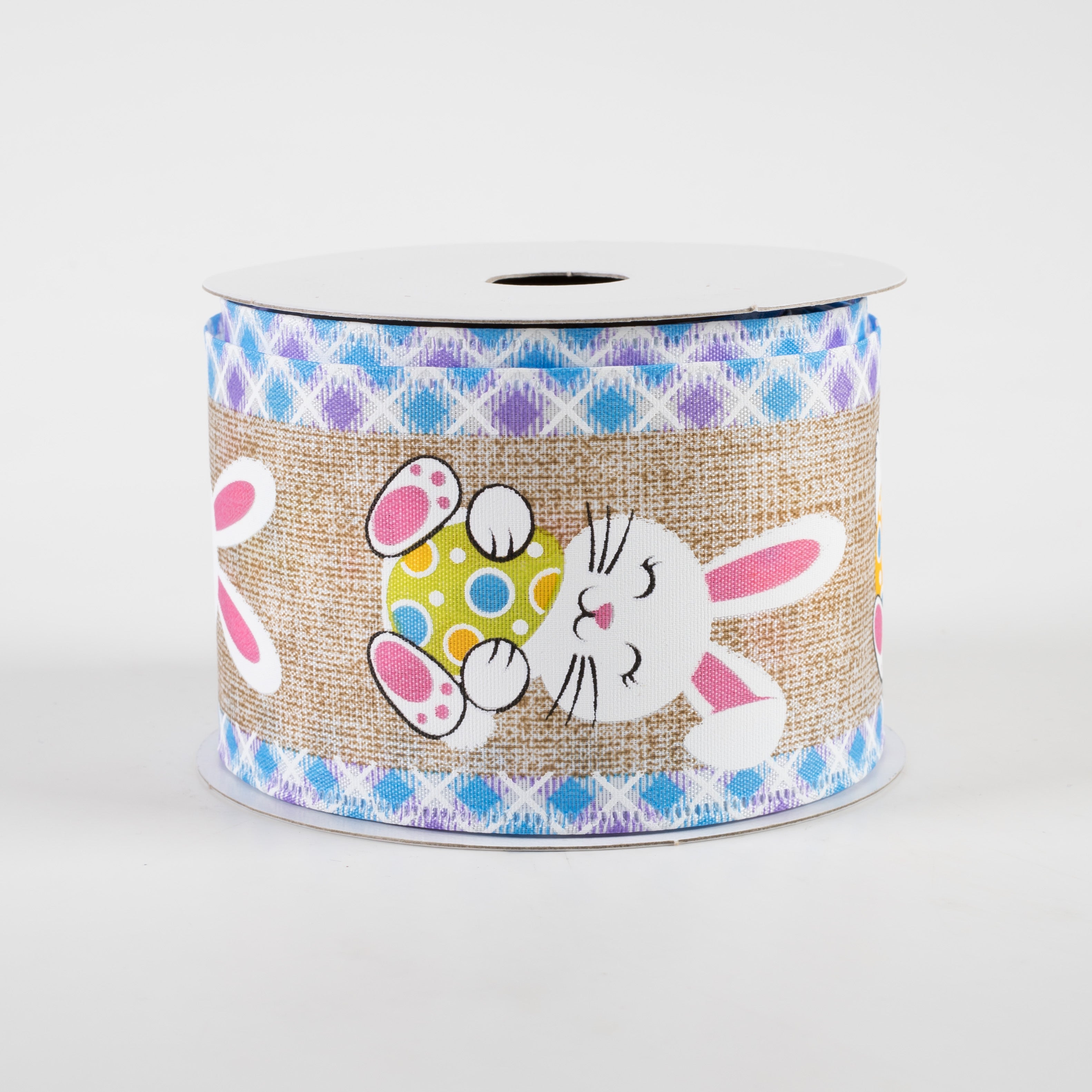2.5" Happy Bunny Argyle Edge Ribbon: Natural, Blue, Lavender (10 Yards