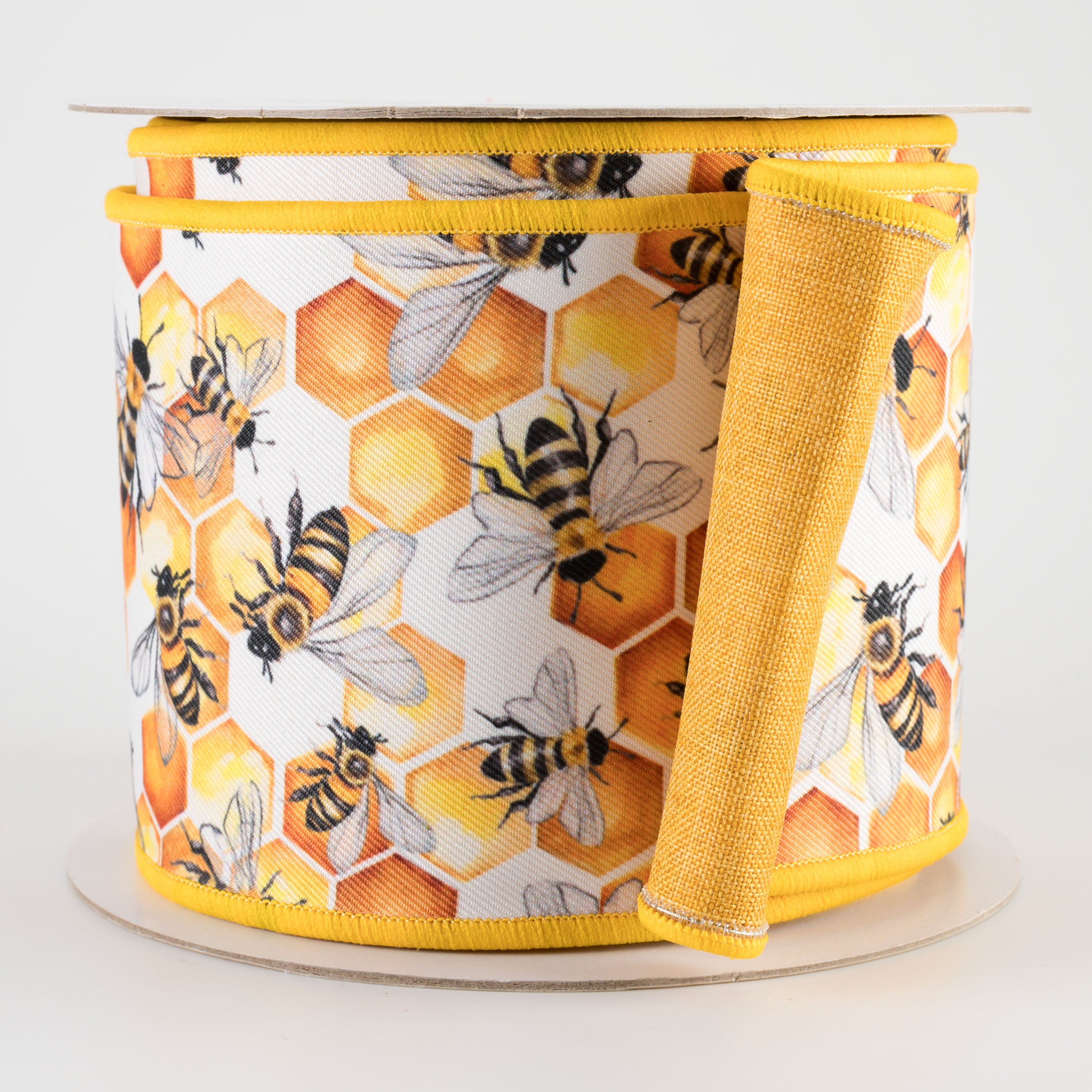 4" Double Sided Fused Honeycomb Bees Ribbon (10 Yards)