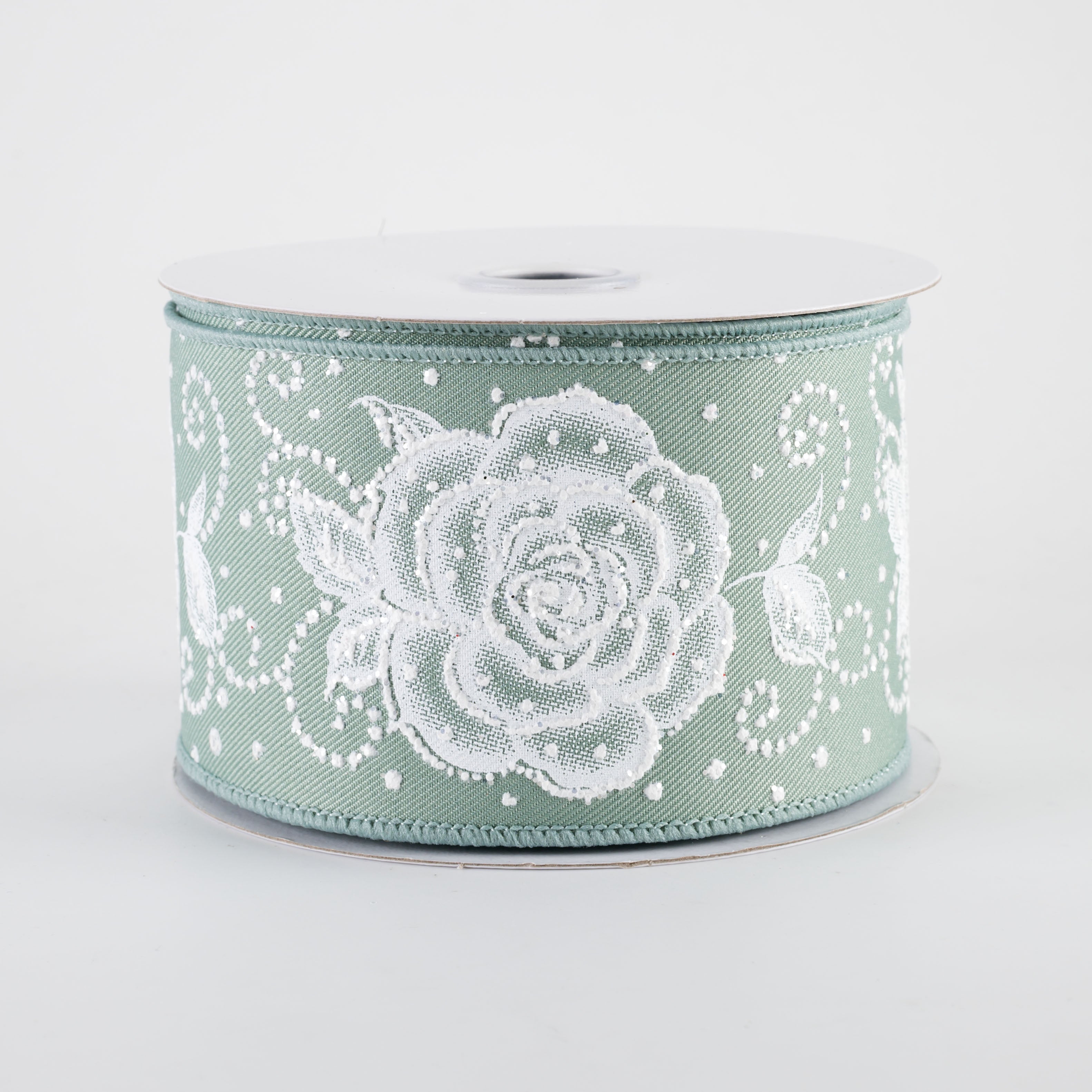 2.5" Raised Print Roses Ribbon: White on Sage Green (10 Yards)