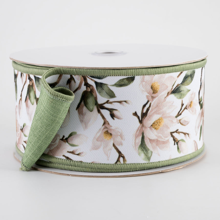 2.5" Double Sided Fused Magnolia Blossoms Ribbon: Green (10 Yards)