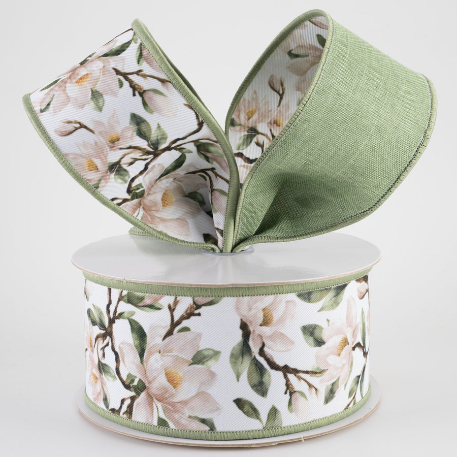 2.5" Double Sided Fused Magnolia Blossoms Ribbon: Green (10 Yards)