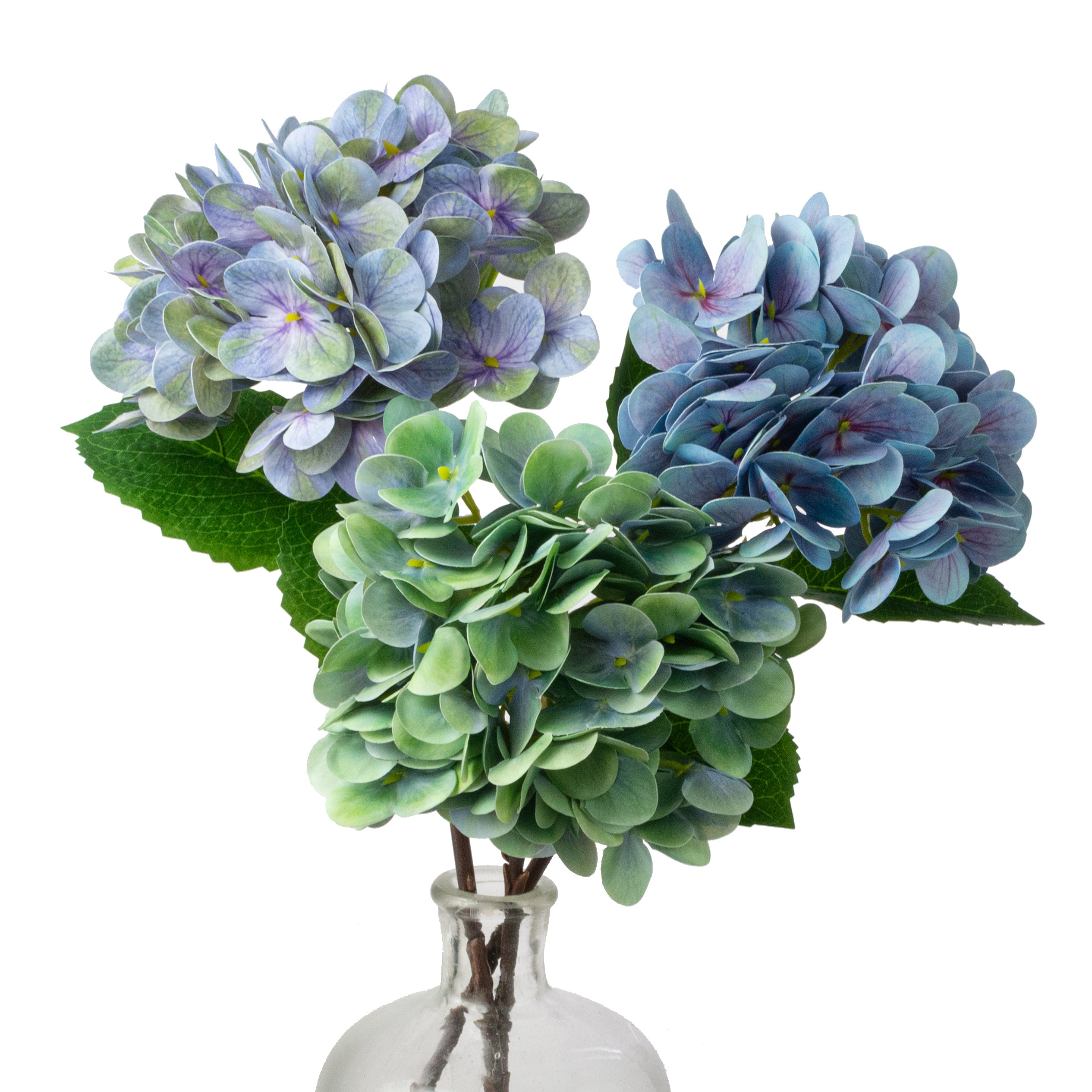 17" Hydrangea Stem Bundle: 2-Tone Blues & Greens (3)