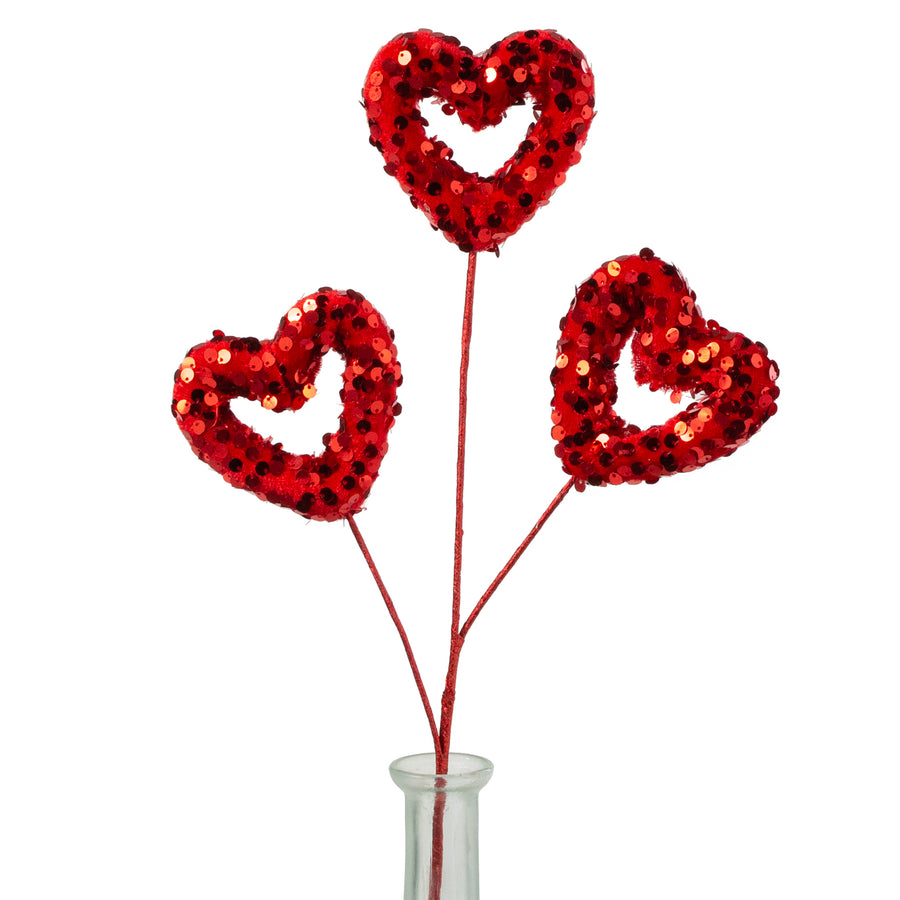 15" Sequined Open Hearts Spray: Red