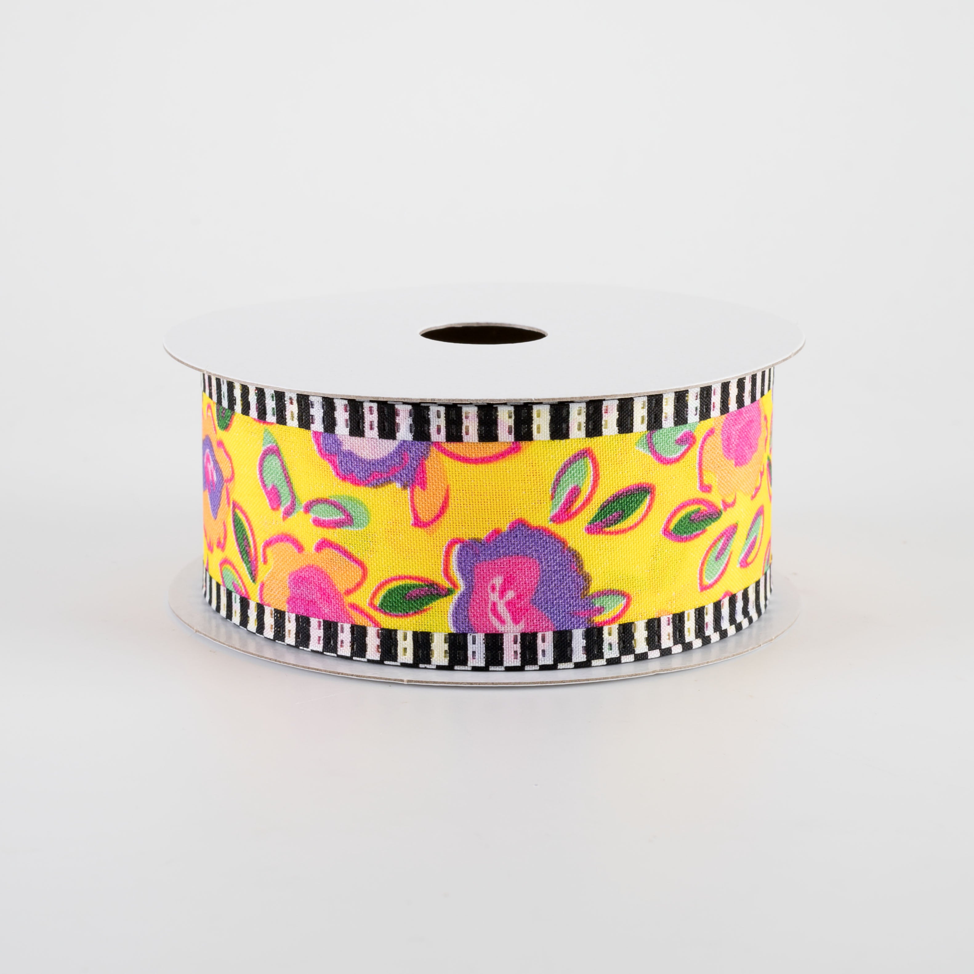 1.5" Funky Flowers Striped Edge Ribbon: Neon on Yellow (10 Yards)