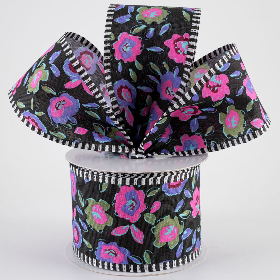 2.5" Funky Flowers Striped Edge Ribbon: Neon on Black (10 Yards)