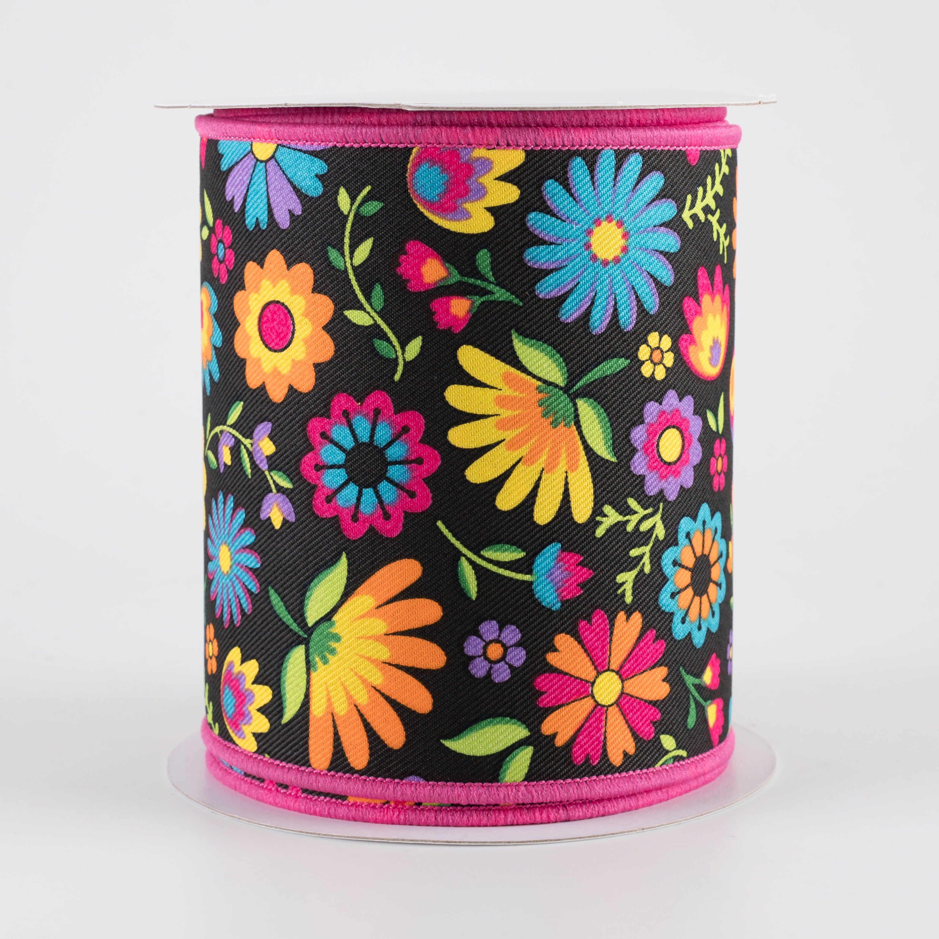 4" Bright Fiesta Florals Ribbon: Black (10 Yards)