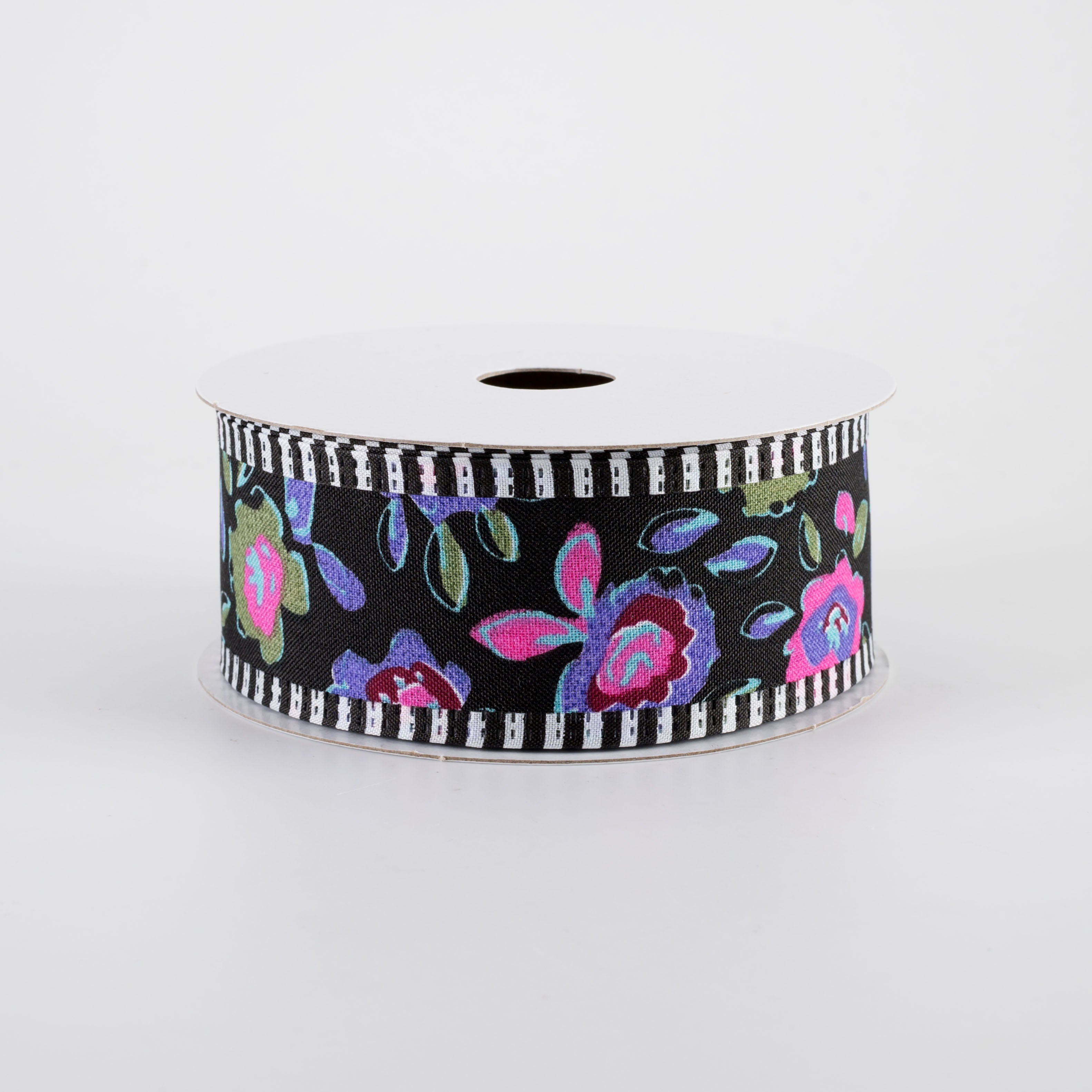 1.5" Funky Flowers Striped Edge Ribbon: Neon on Black (10 Yards)