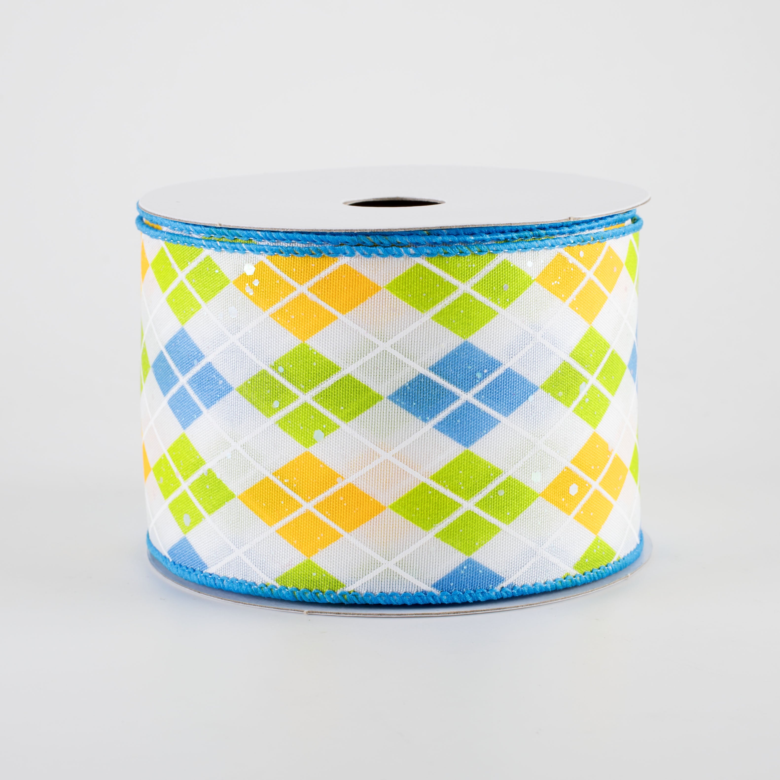 2.5" Iridescent Argyle Ribbon: White, Turquoise, Kiwi & Yellow (10 Yar