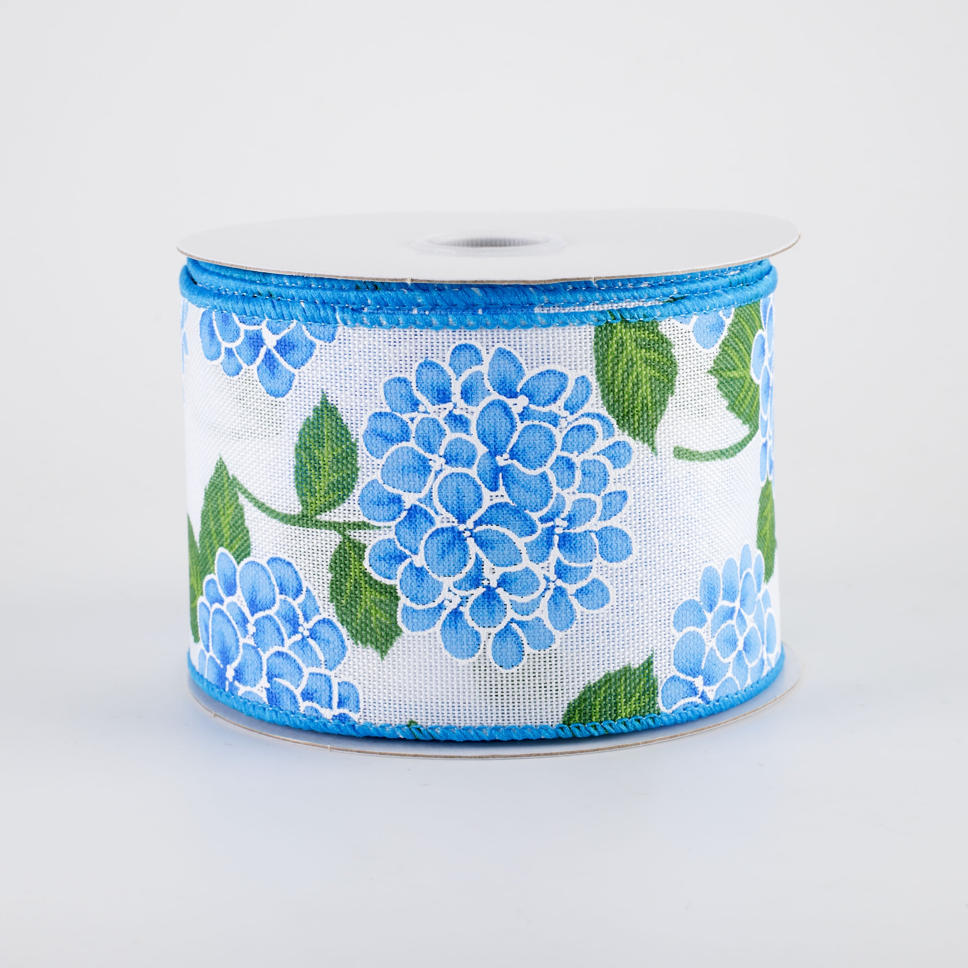 2.5" Linen Hydrangeas Ribbon: Blue on White (10 Yards)