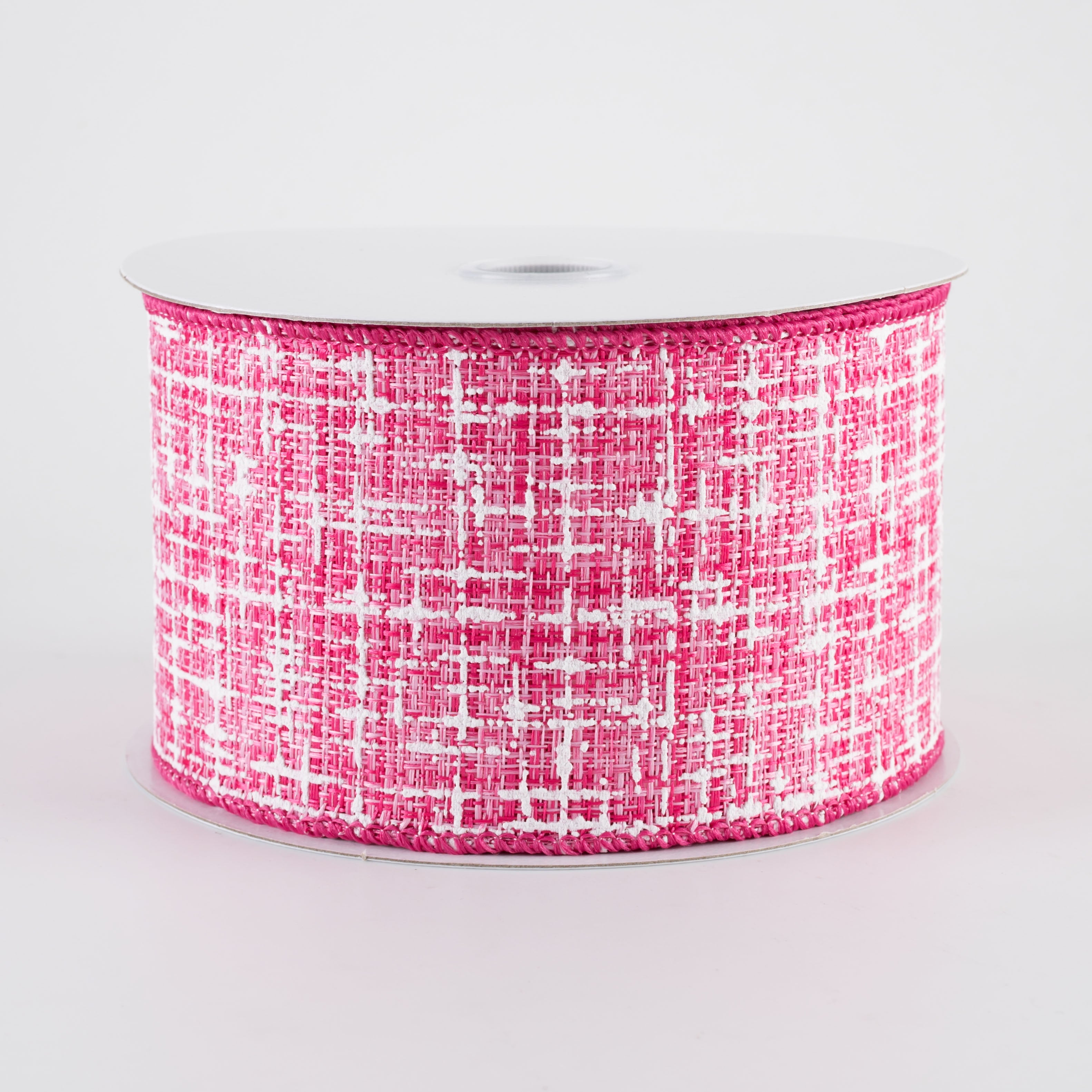 2.5" Embellished Tweed Ribbon: Fuchsia Pink & White (10 Yards)