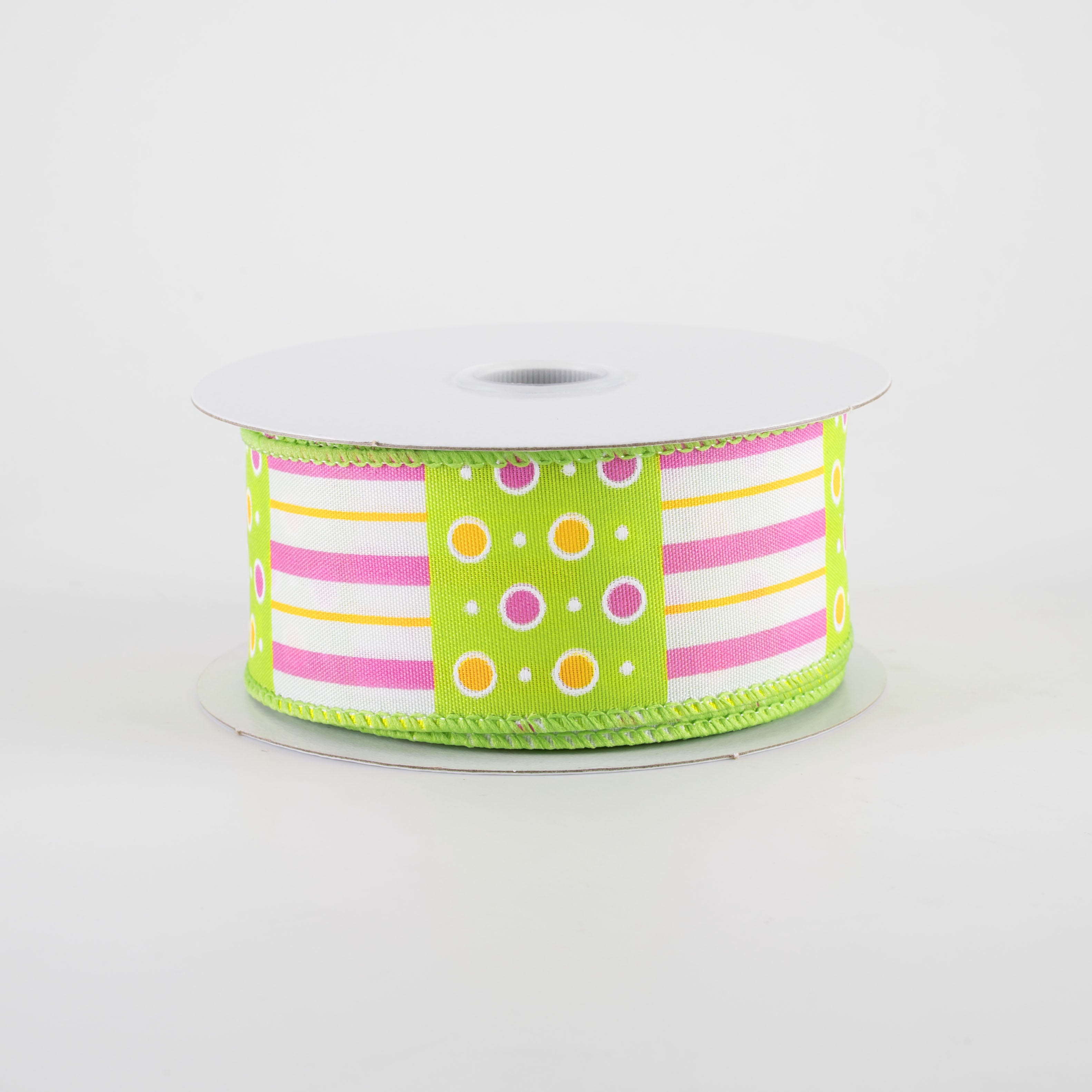 1.5" Jet Dots & Stripes Ribbon: Fuchsia Pink, Yellow & Lime Green (10