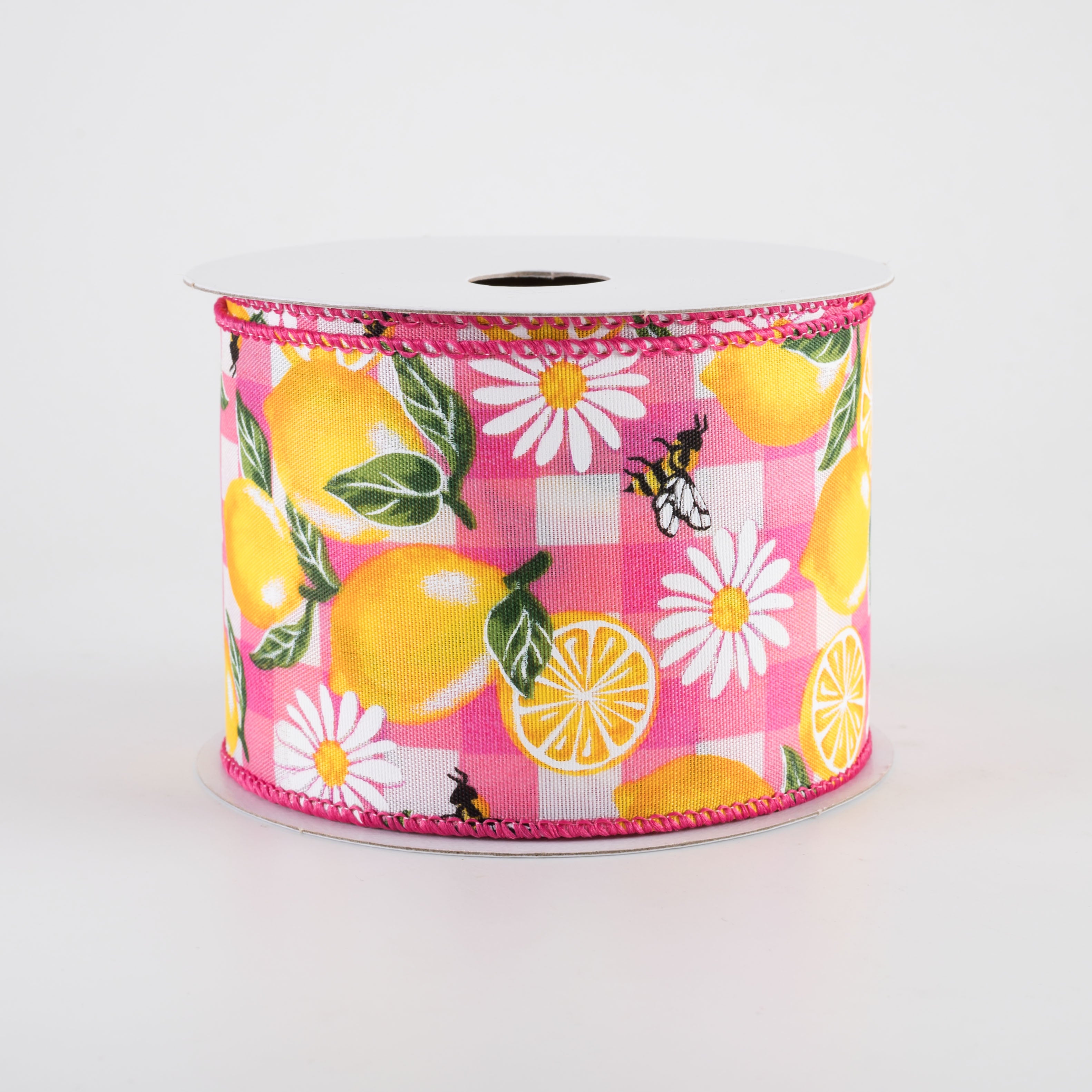 2.5" Lemons on Watercolor Plaid Ribbon: Fuchsia Pink (10 Yards)