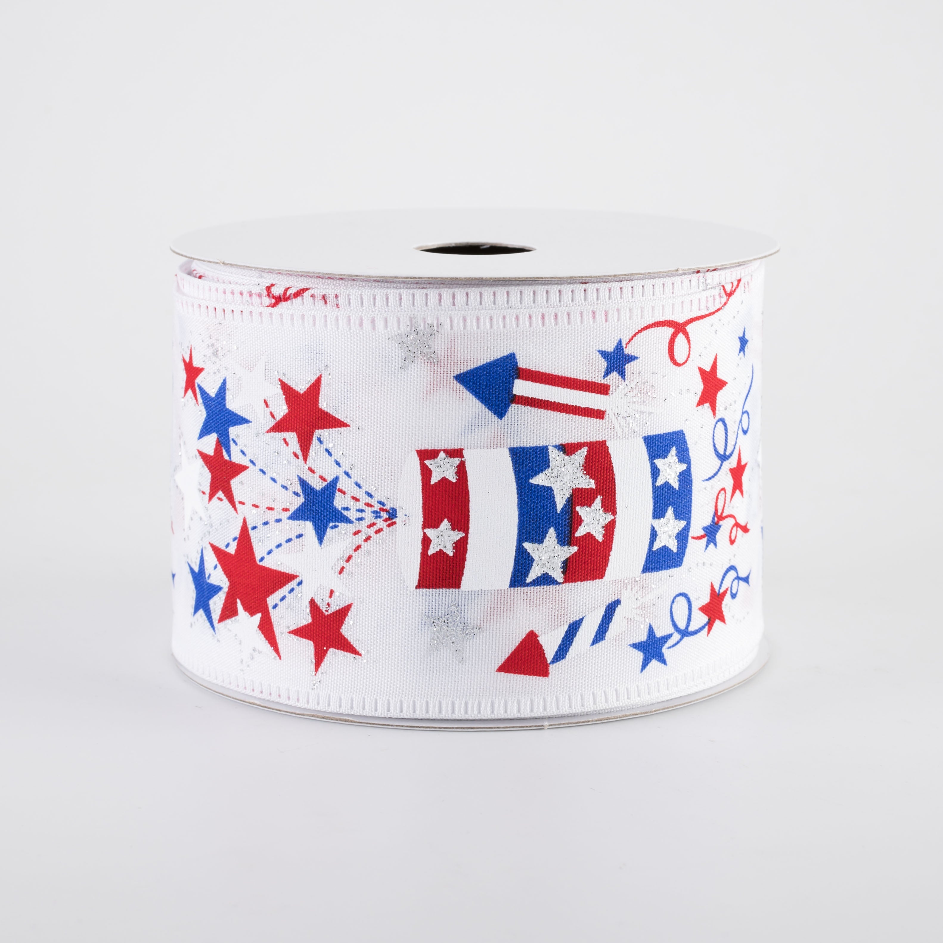 2.5" Glittered Fireworks Rockets Ribbon: White (10 Yards)
