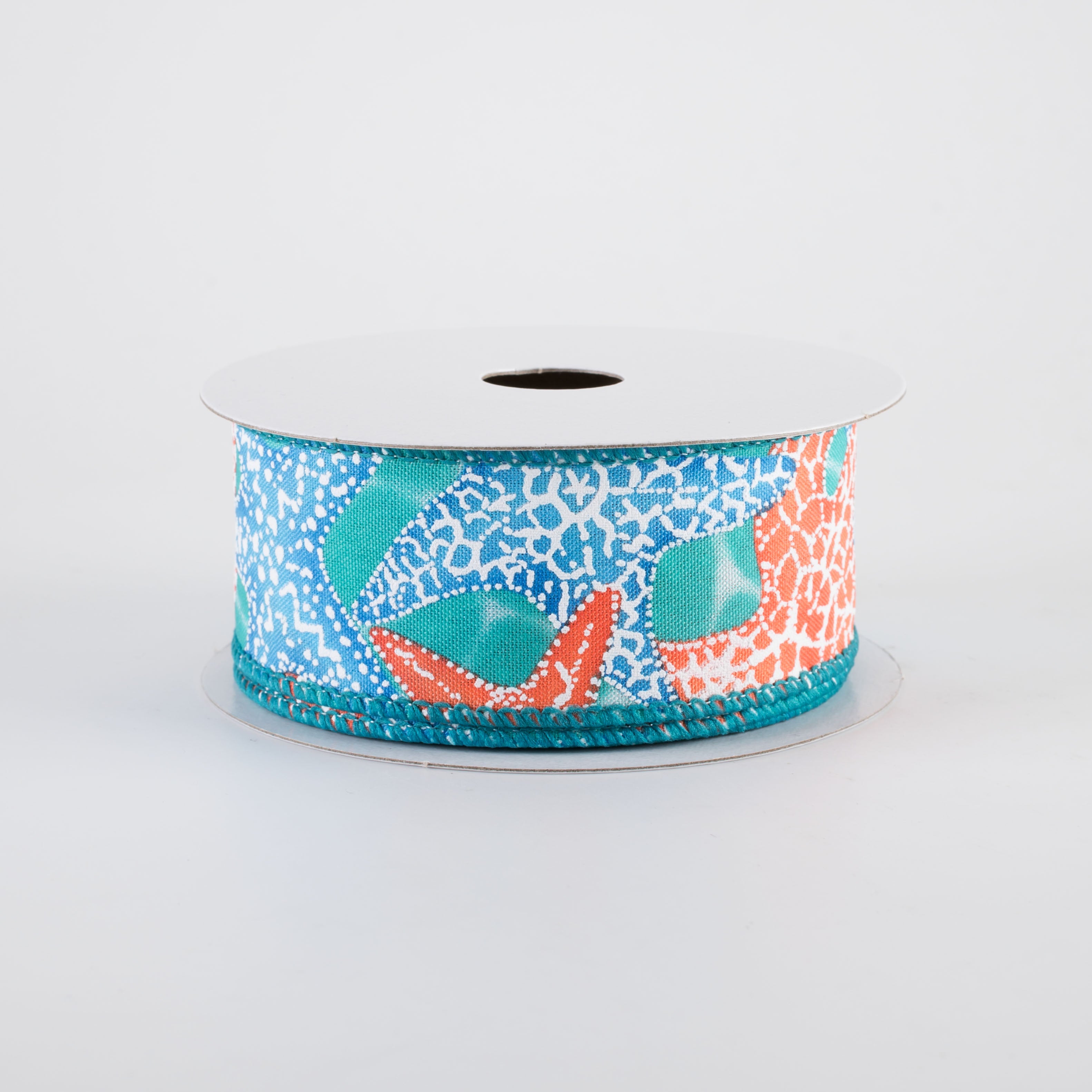 1.5" Starfish in Teal Water Ribbon: Coral & Blue (10 Yards)