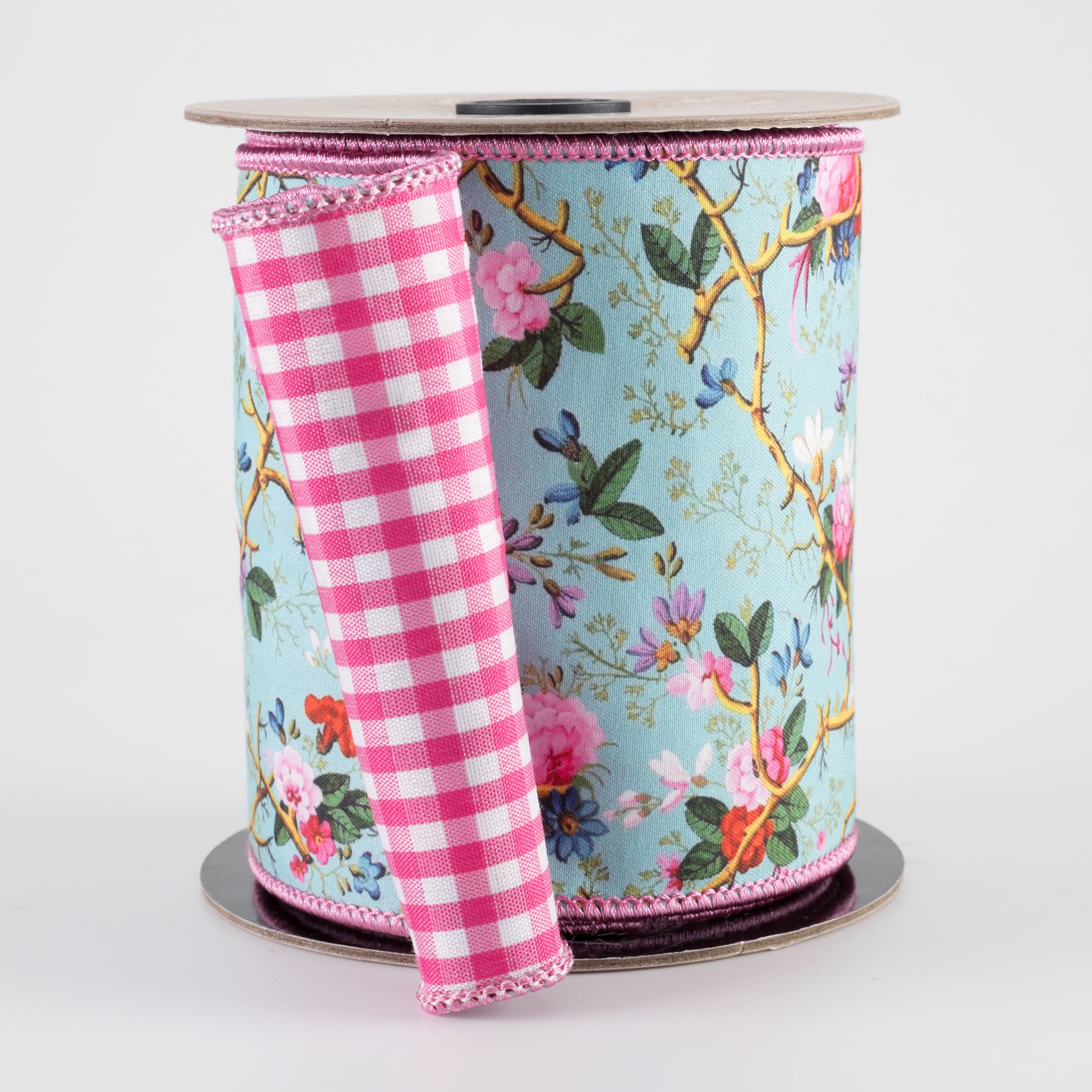 [D Stevens] 4" Poplin Floral Branches Ribbon: Pink Gingham (5 Yards)